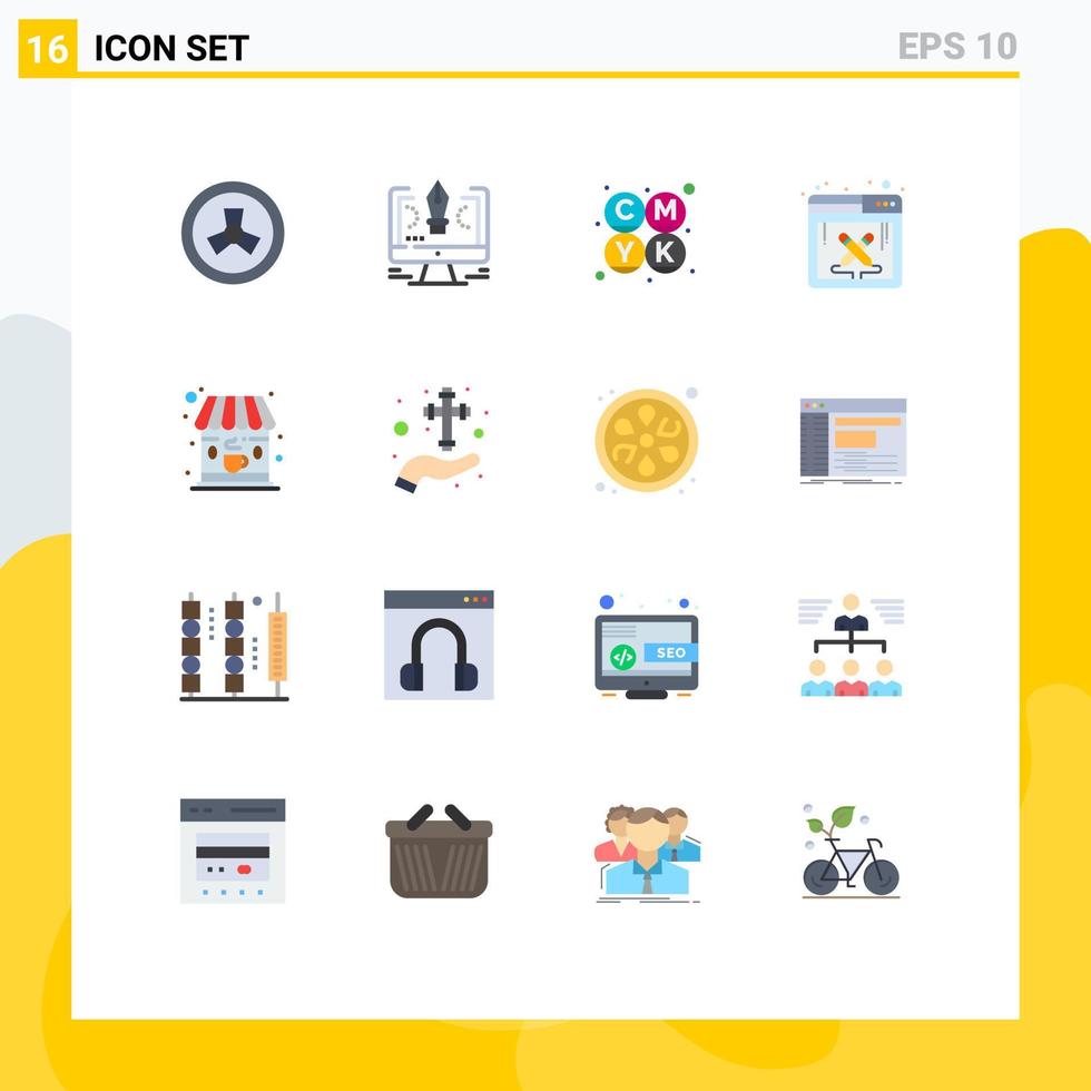 Mobile Interface Flat Color Set Of 16 Pictograms Of Shop Cafe Cmyk Work Design Work Editable