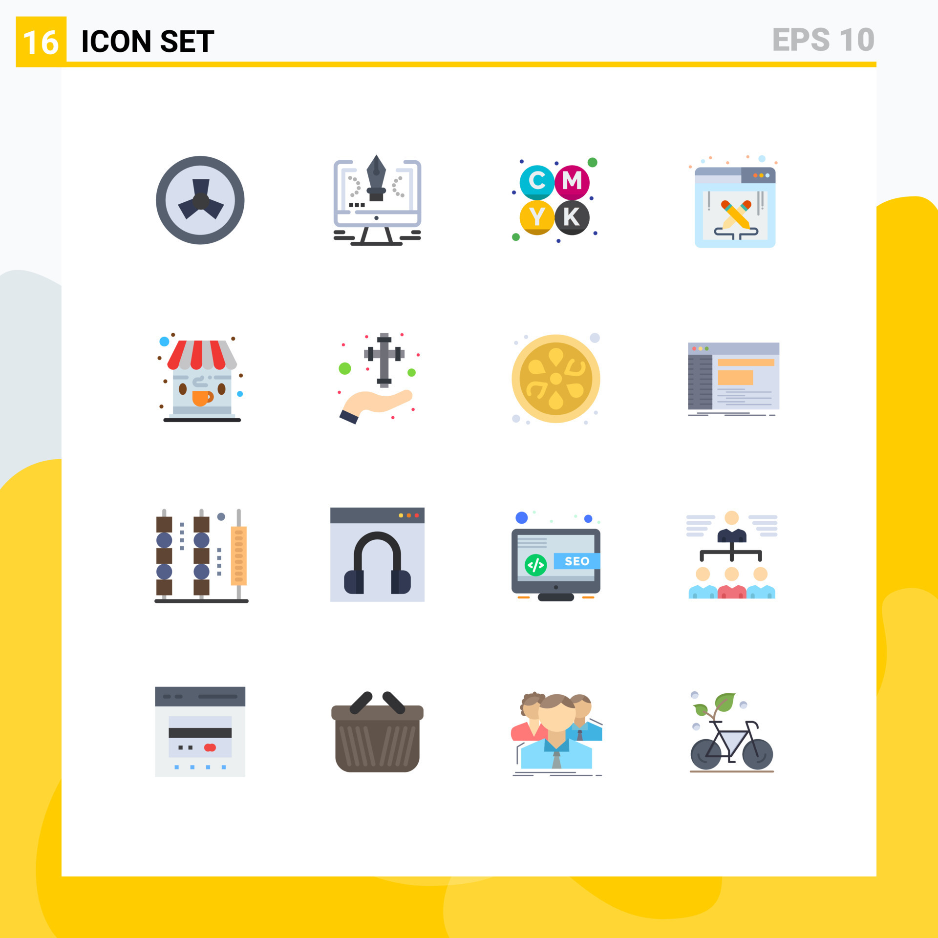 Mobile Interface Flat Color Set Of 16 Pictograms Of Shop Cafe Cmyk Work Design Work Editable