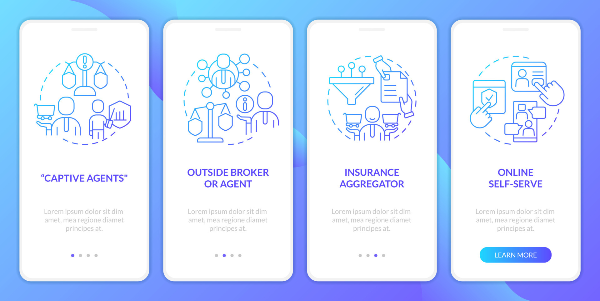 Coverage Services Seller Types Blue Gradient Onboarding Mobile App Screen Walkthrough 4 Steps