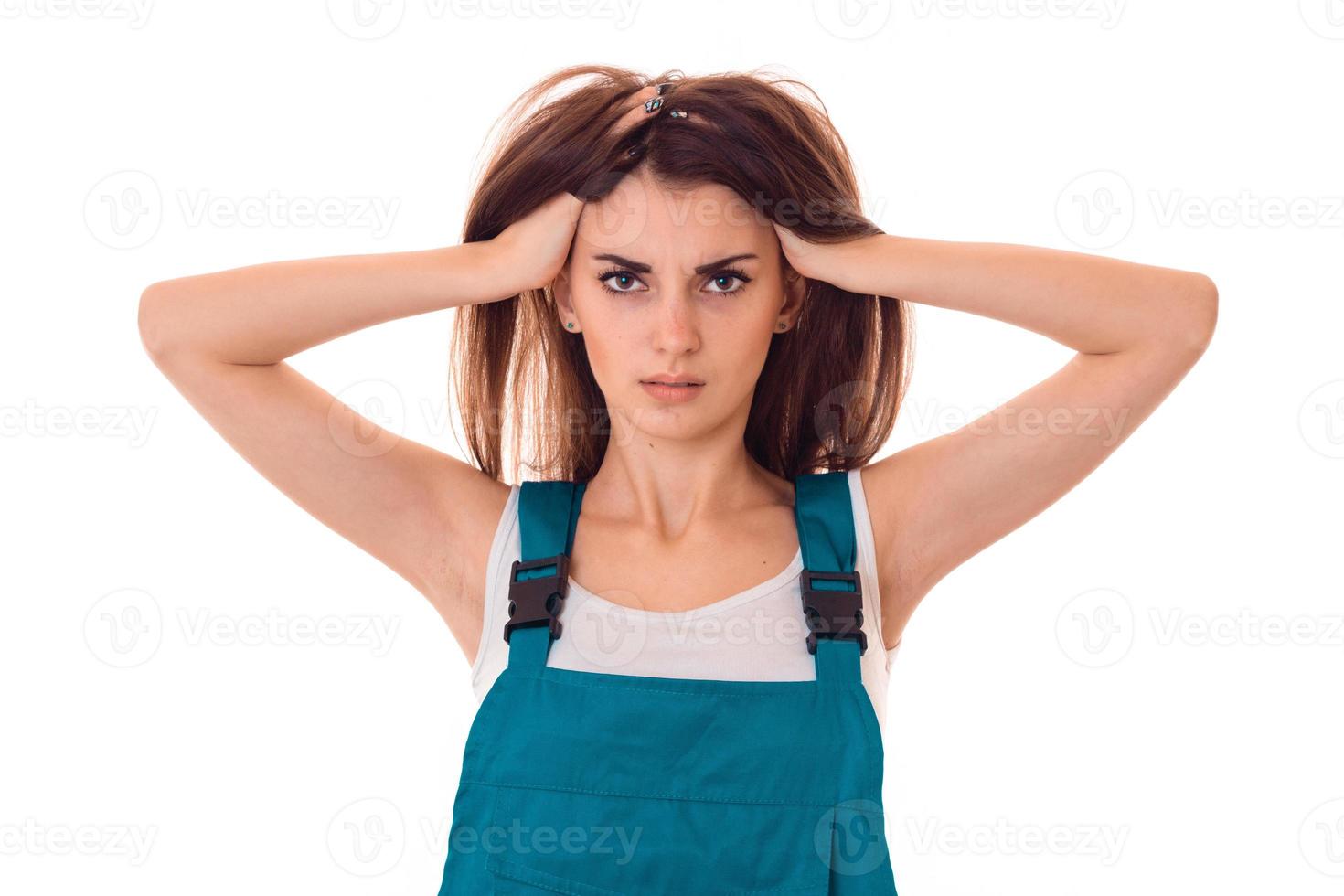 attractive brunette lady builder makes renovation isolated on white ... attractive brunette lady builder makes renovation isolated on white ...