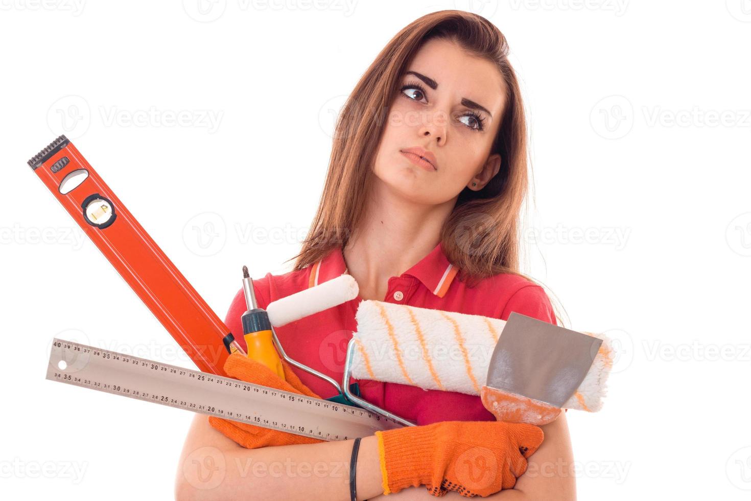 tired brunette lady builder makes renovation isolated on white ... tired brunette lady builder makes renovation isolated on white ...