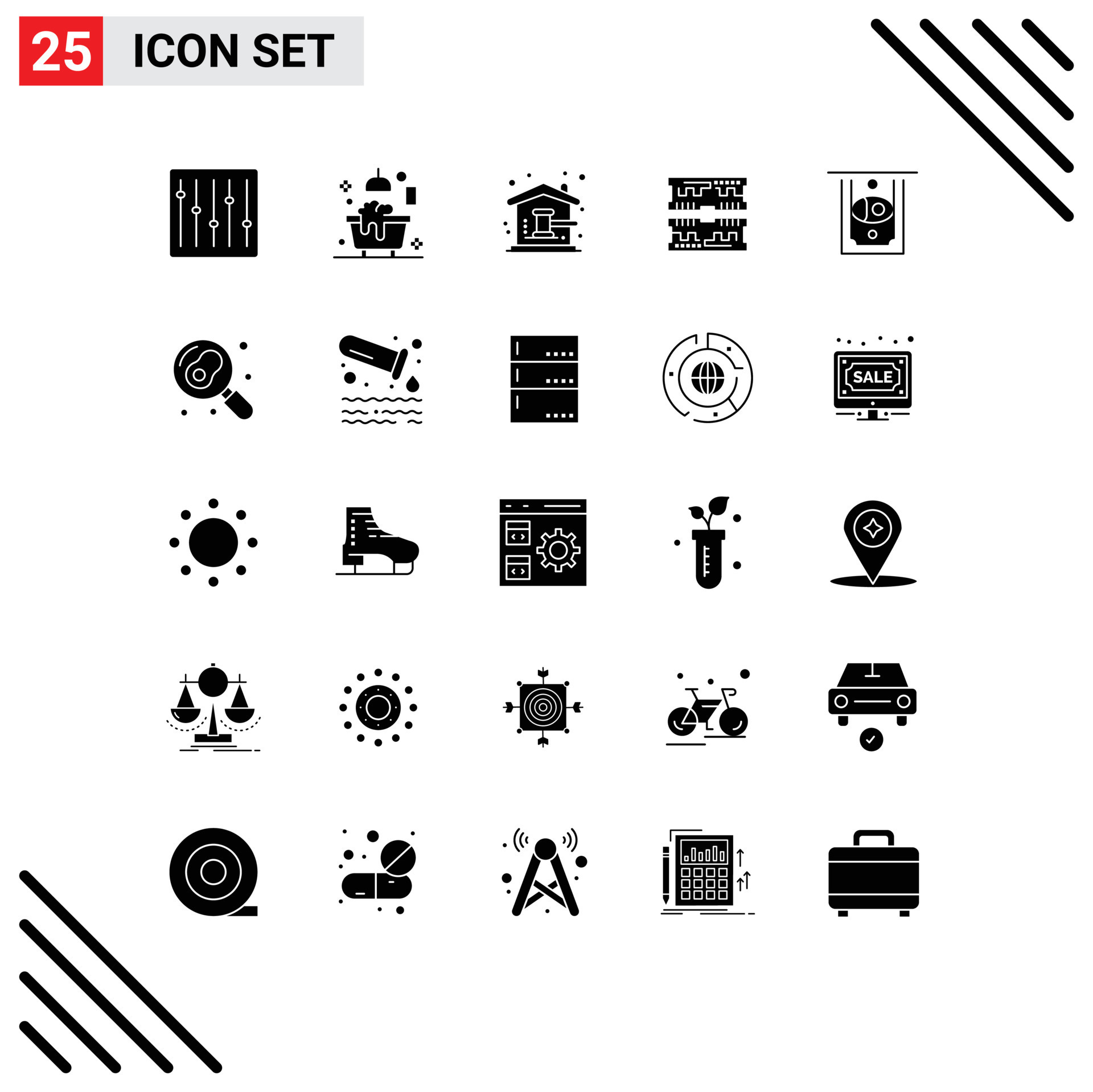 Set Of 25 Vector Solid Glyphs On Grid For Atm Computer Auction Component House Editable Vector