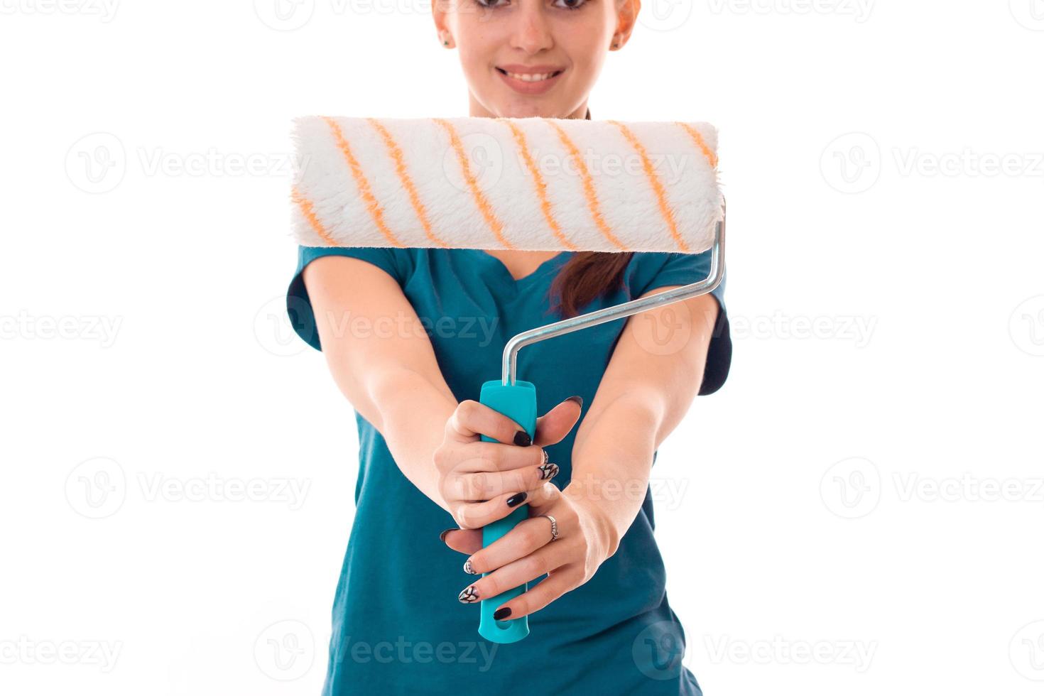 brunette lady builder makes renovation isolated on white background ... brunette lady builder makes renovation isolated on white background ...
