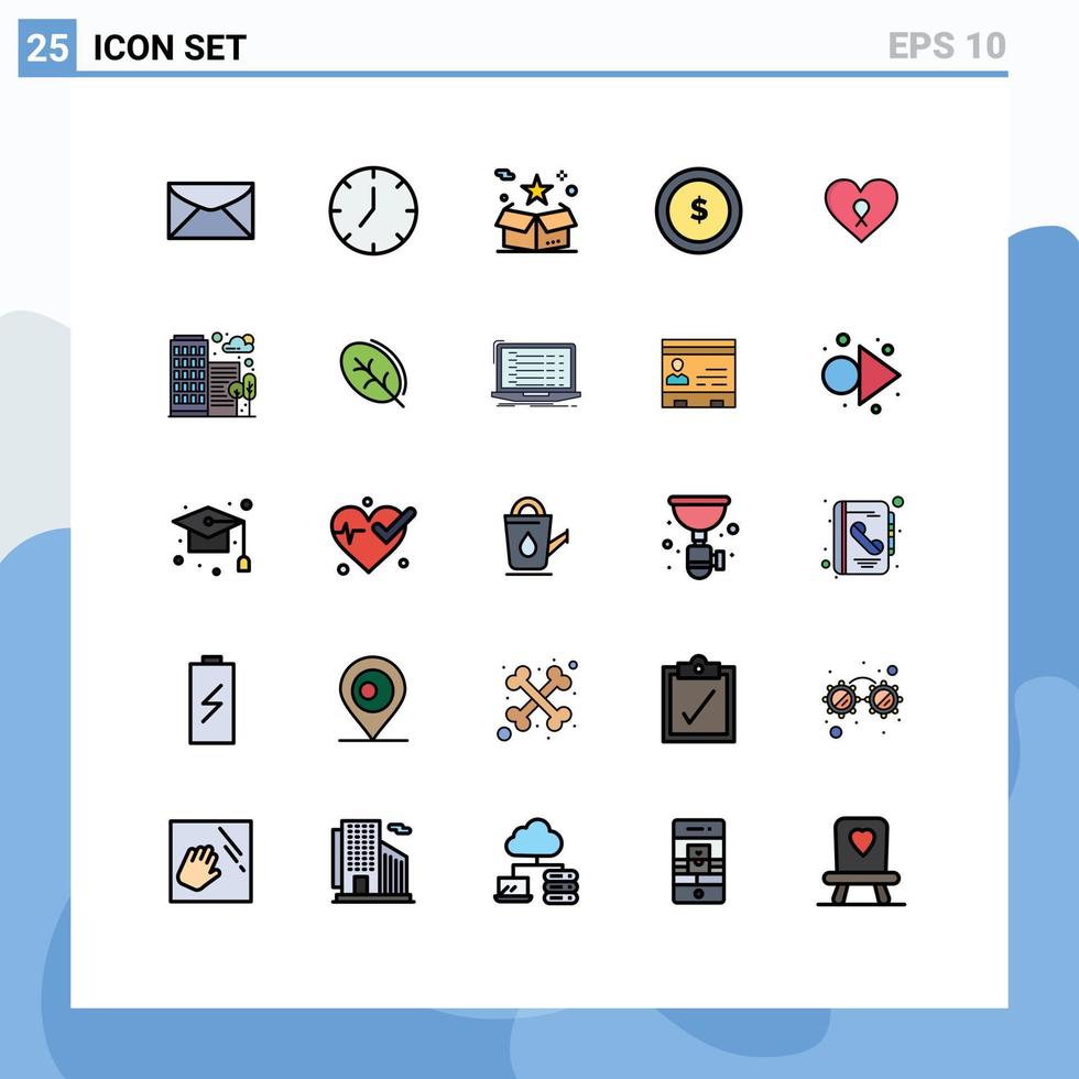 Mobile Interface Filled Line Flat Color Set Of 25 Pictograms Of Heart Dollar Box Coin Delivery