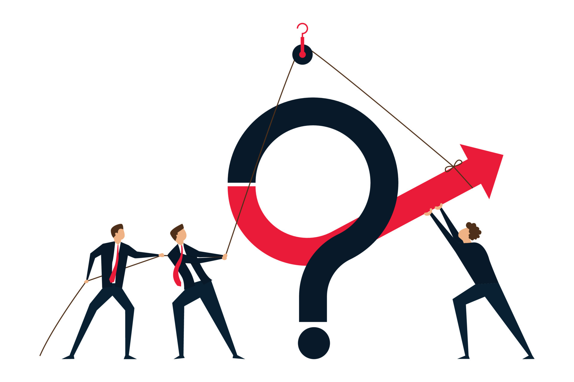 Teamwork to solve business problem, colleagues help put solution arrow on question mark problem ...