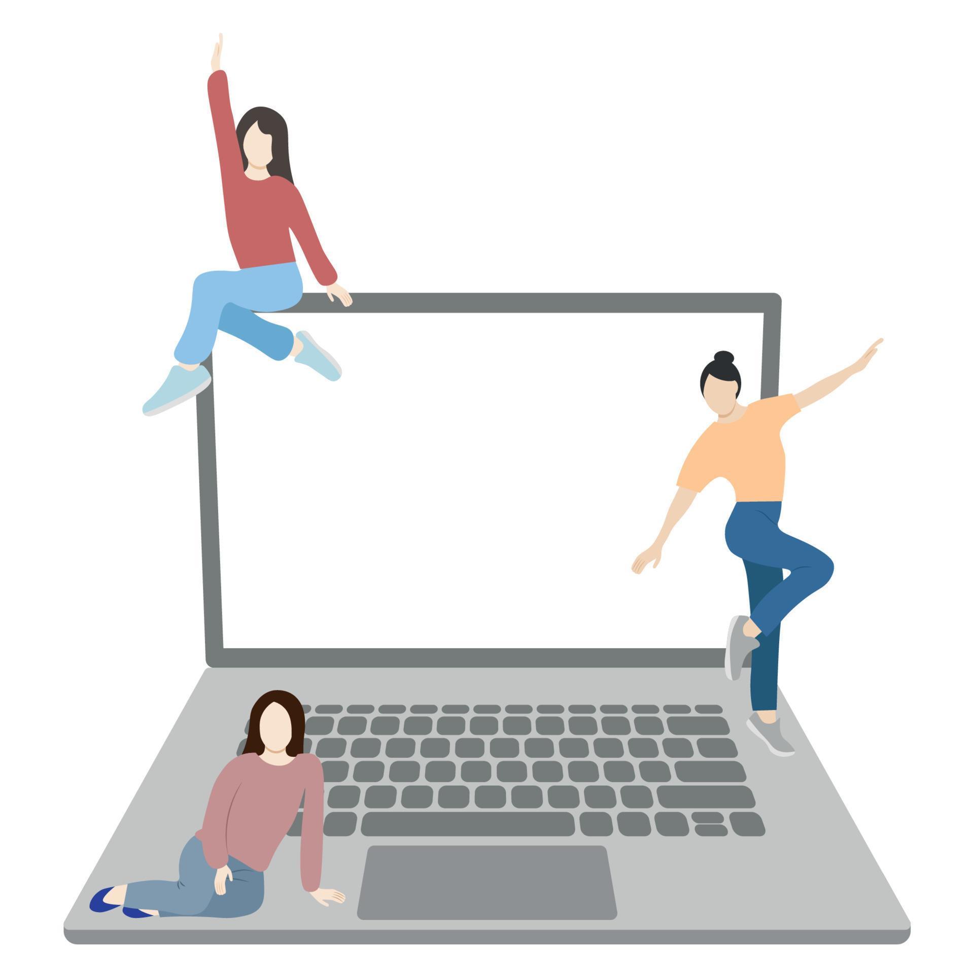 Three little girls in different poses near a big laptop, programmers ...