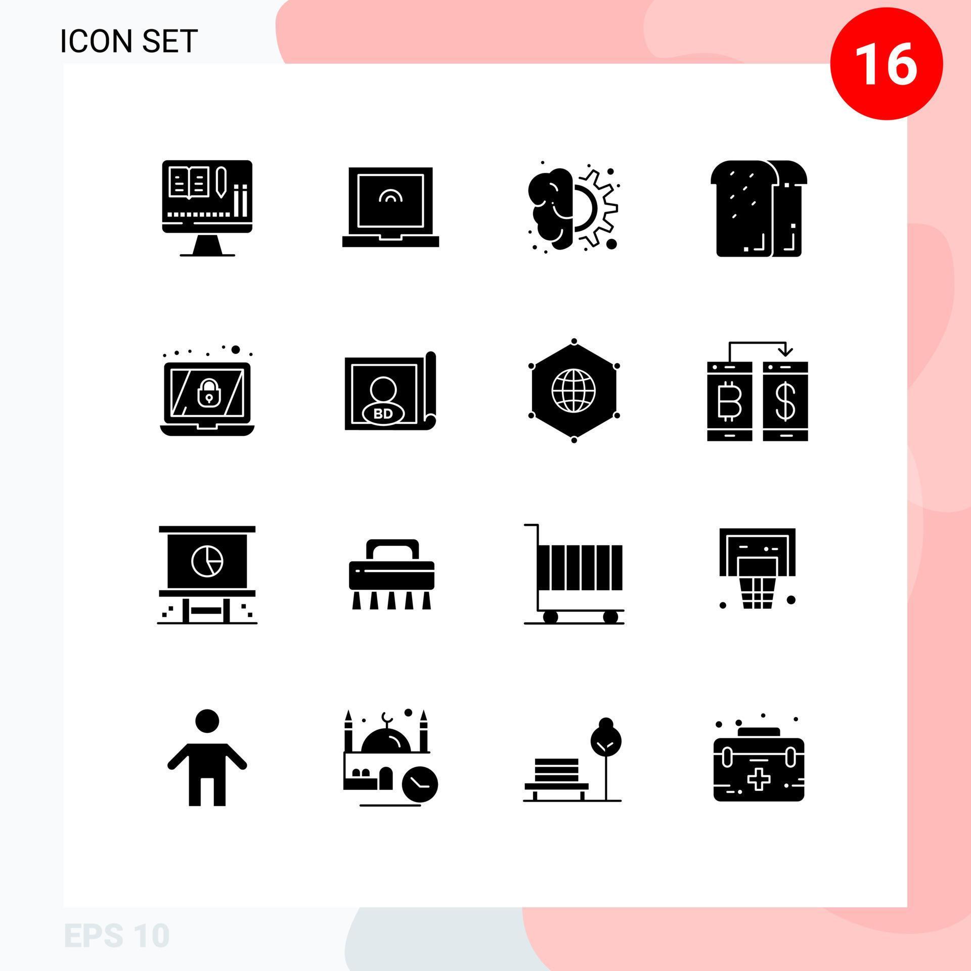 User Interface Pack Of 16 Basic Solid Glyphs Of Lock Encryption Process Loaf Food Editable