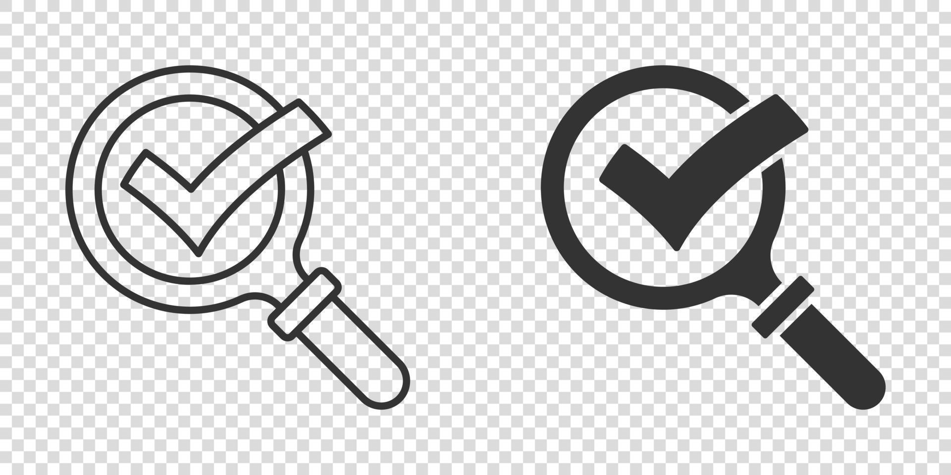 Check mark with magnifying glass icon in flat style. Loupe accept vector illustration on white ...