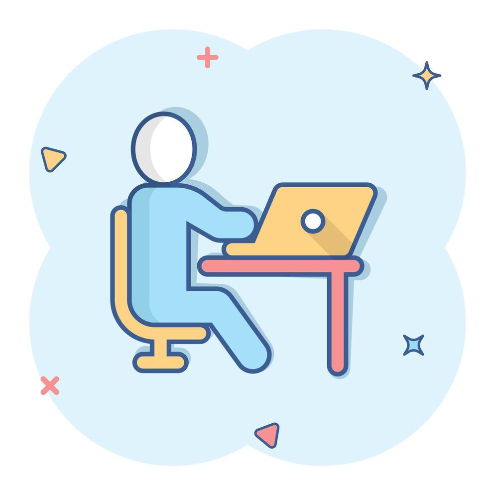 People with laptop computer icon in comic style. Pc user cartoon vector illustration on white ...