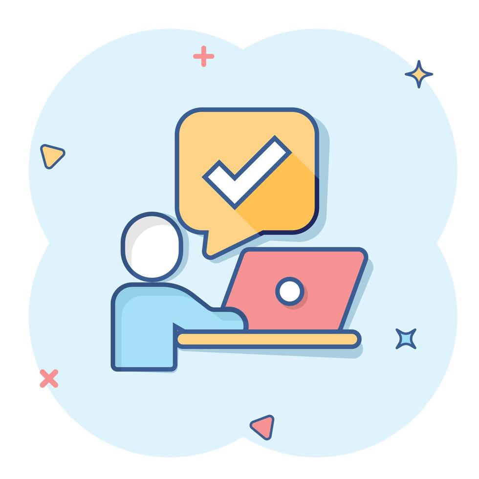 People with laptop computer icon in comic style. Pc user check mark ...