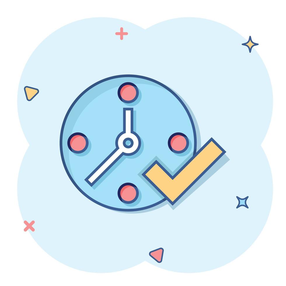 Clock Check Mark Icon In Comic Style Timer Approval Cartoon Vector