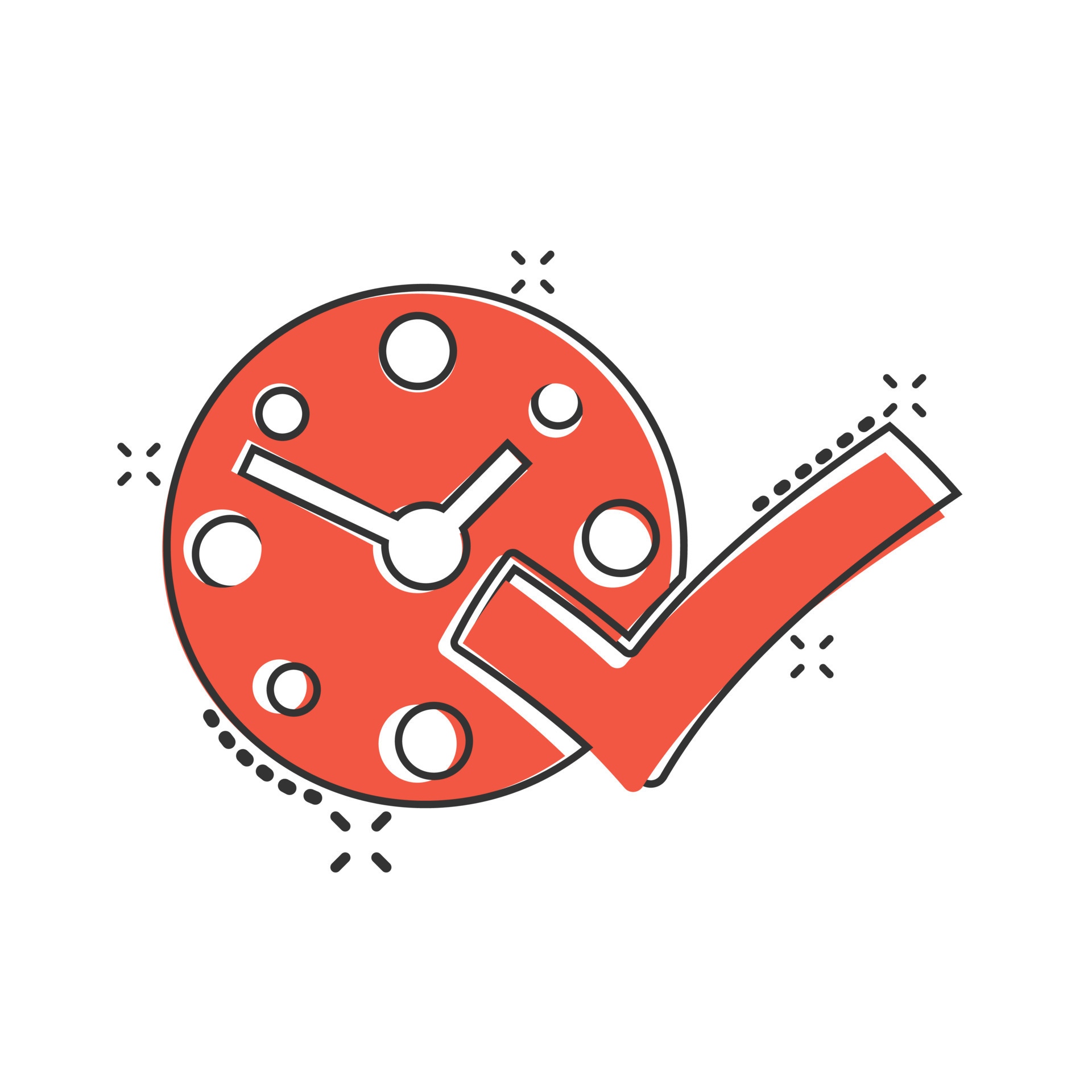Clock Check Mark Icon In Comic Style Timer Approval Cartoon Vector