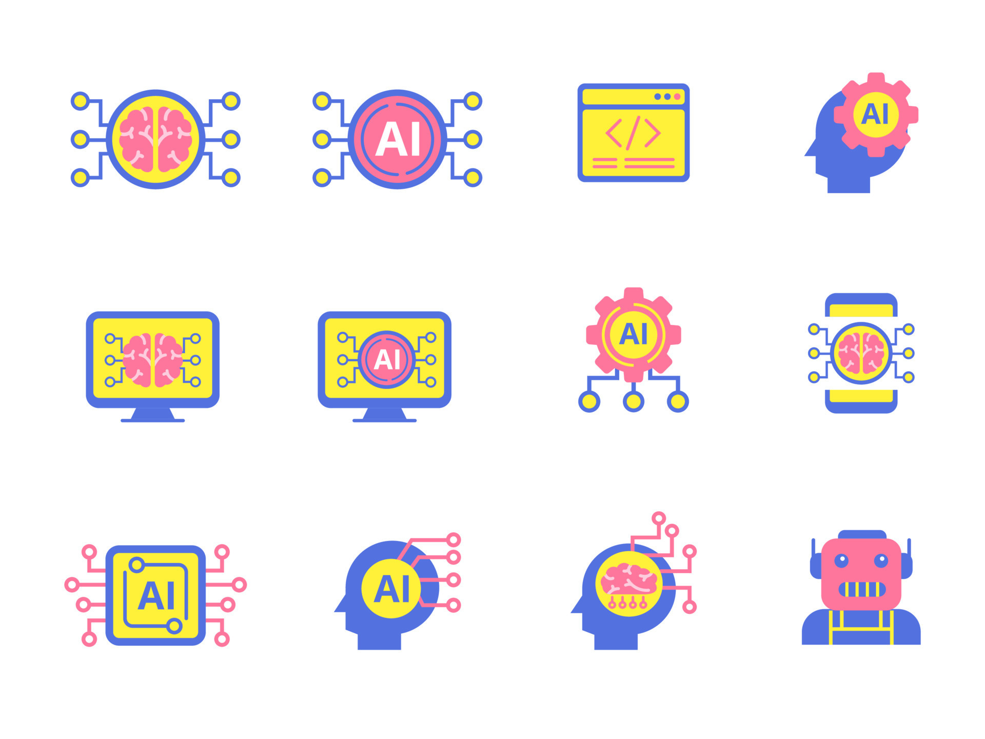 Set of artificial intelligence icons with a flat style isolated on white background. Colorful ai ...