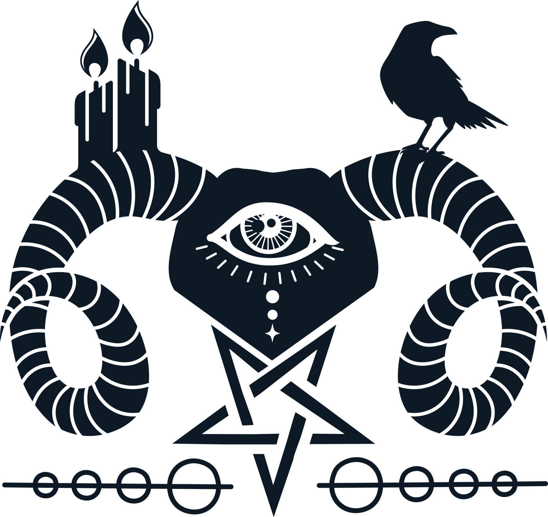 Satanic Goat Head With The Pentagram Eye Candle And Raven Illustration For Tattoo Print And
