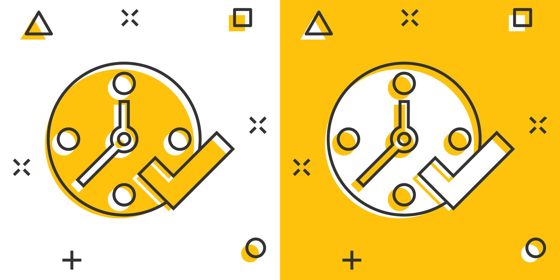 Clock Check Mark Icon In Comic Style Timer Approval Cartoon Vector