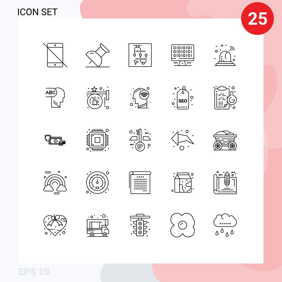 Mobile Interface Line Set of 25 Pictograms of light alarm screen server computer Editable Vector ...