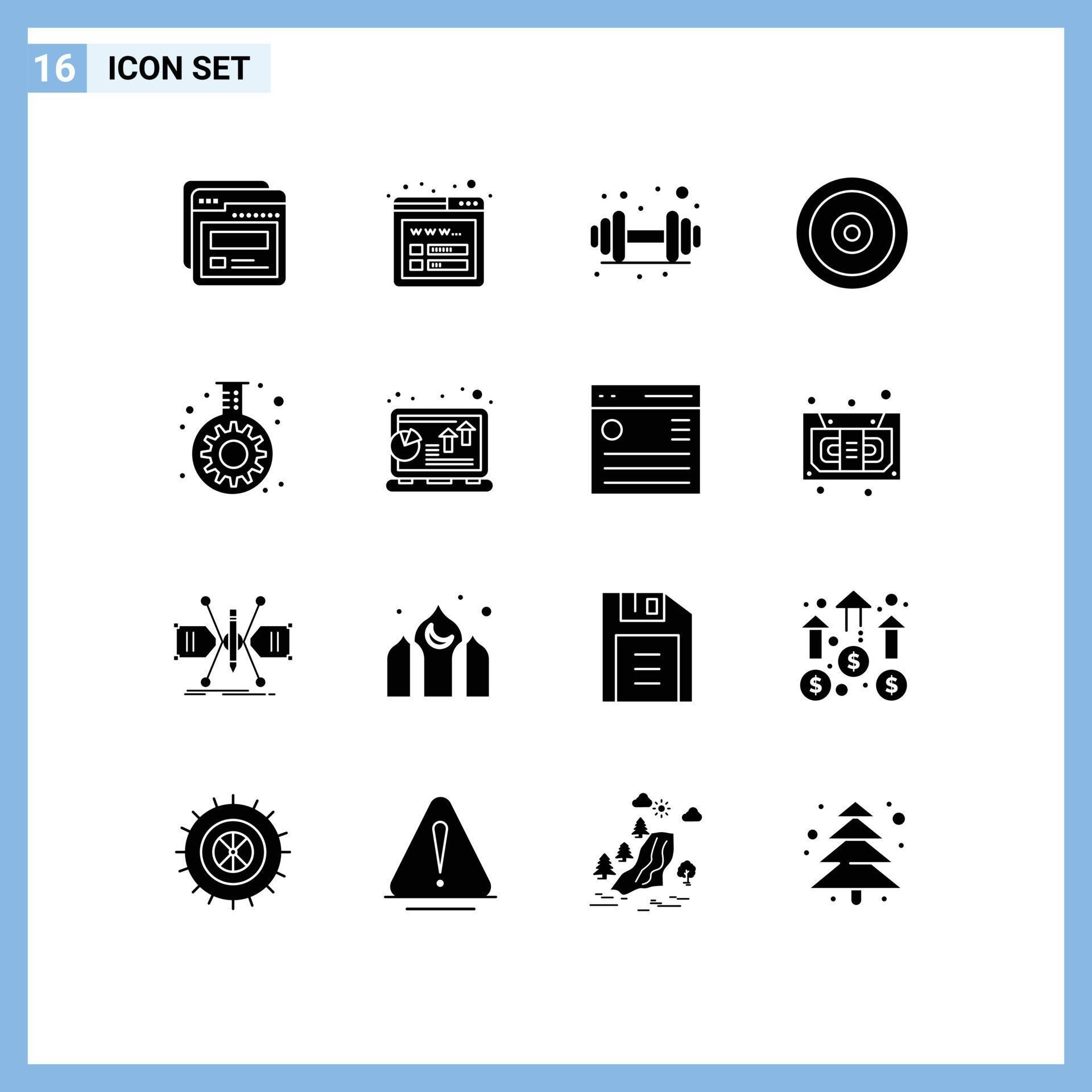 Set Of 16 Vector Solid Glyphs On Grid For Tube Flask Gym Cog Target Editable Vector Design