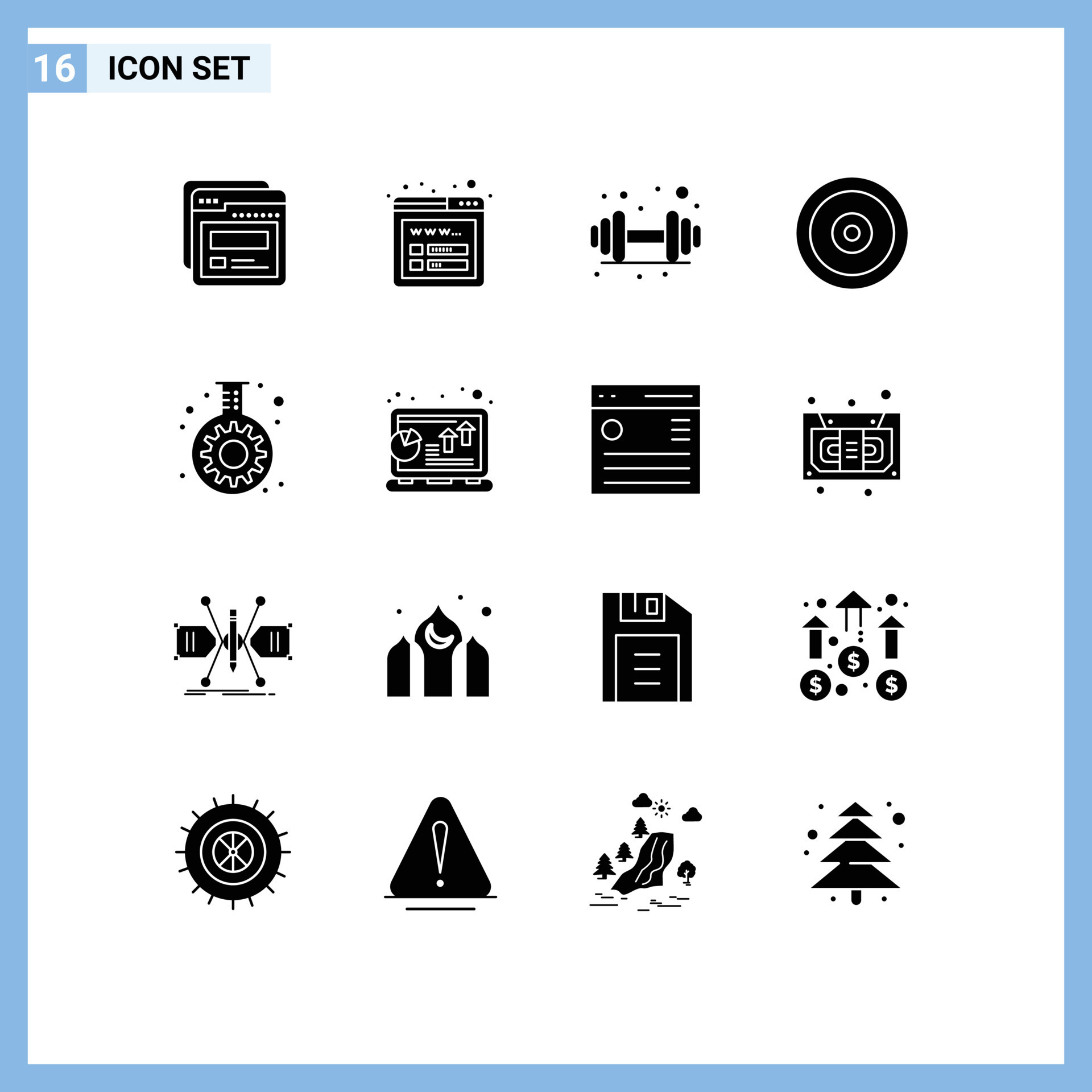 Set Of 16 Vector Solid Glyphs On Grid For Tube Flask Gym Cog Target Editable Vector Design