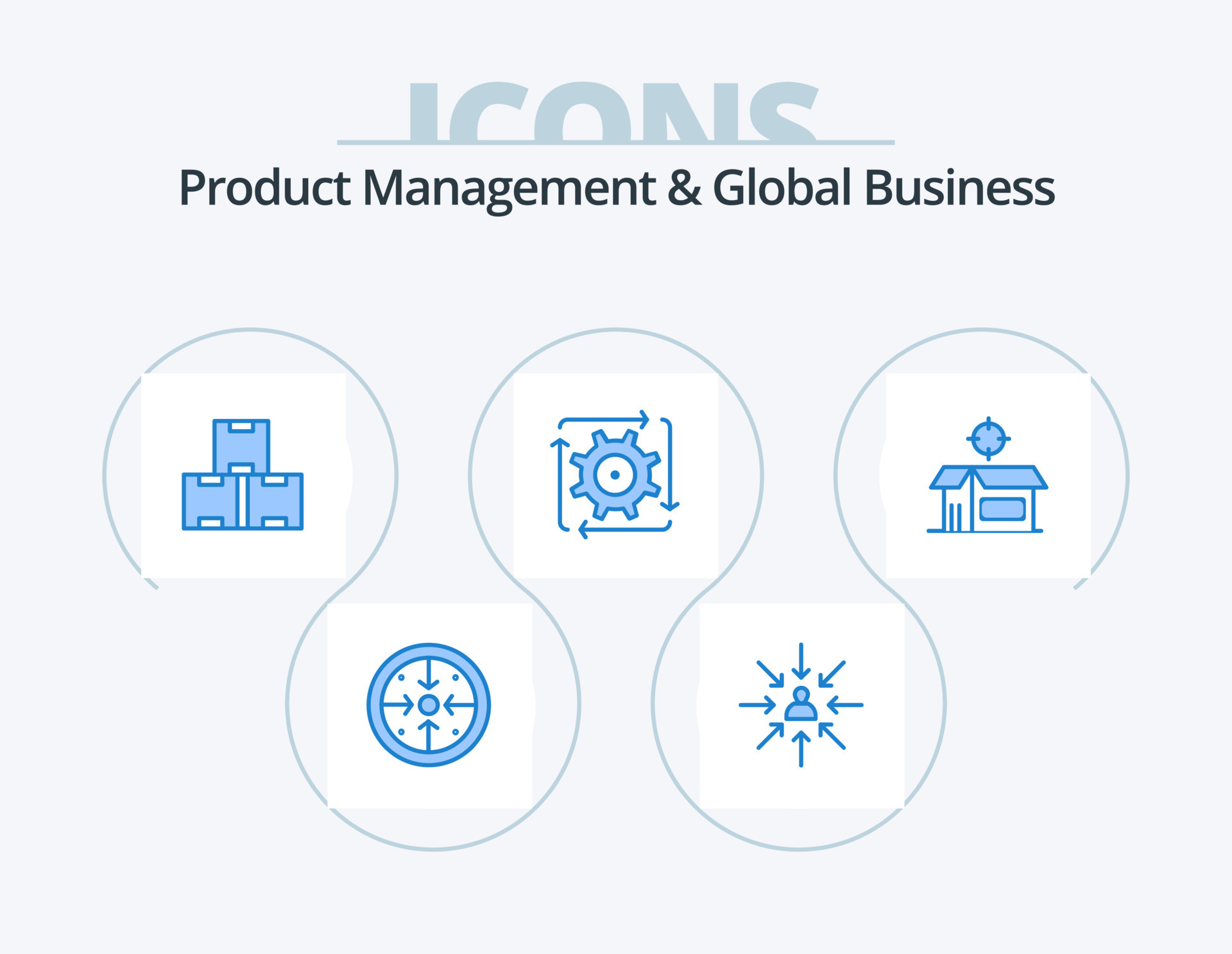 Product Managment And Global Business Blue Icon Pack 5 Icon Design Flow Automation Focus