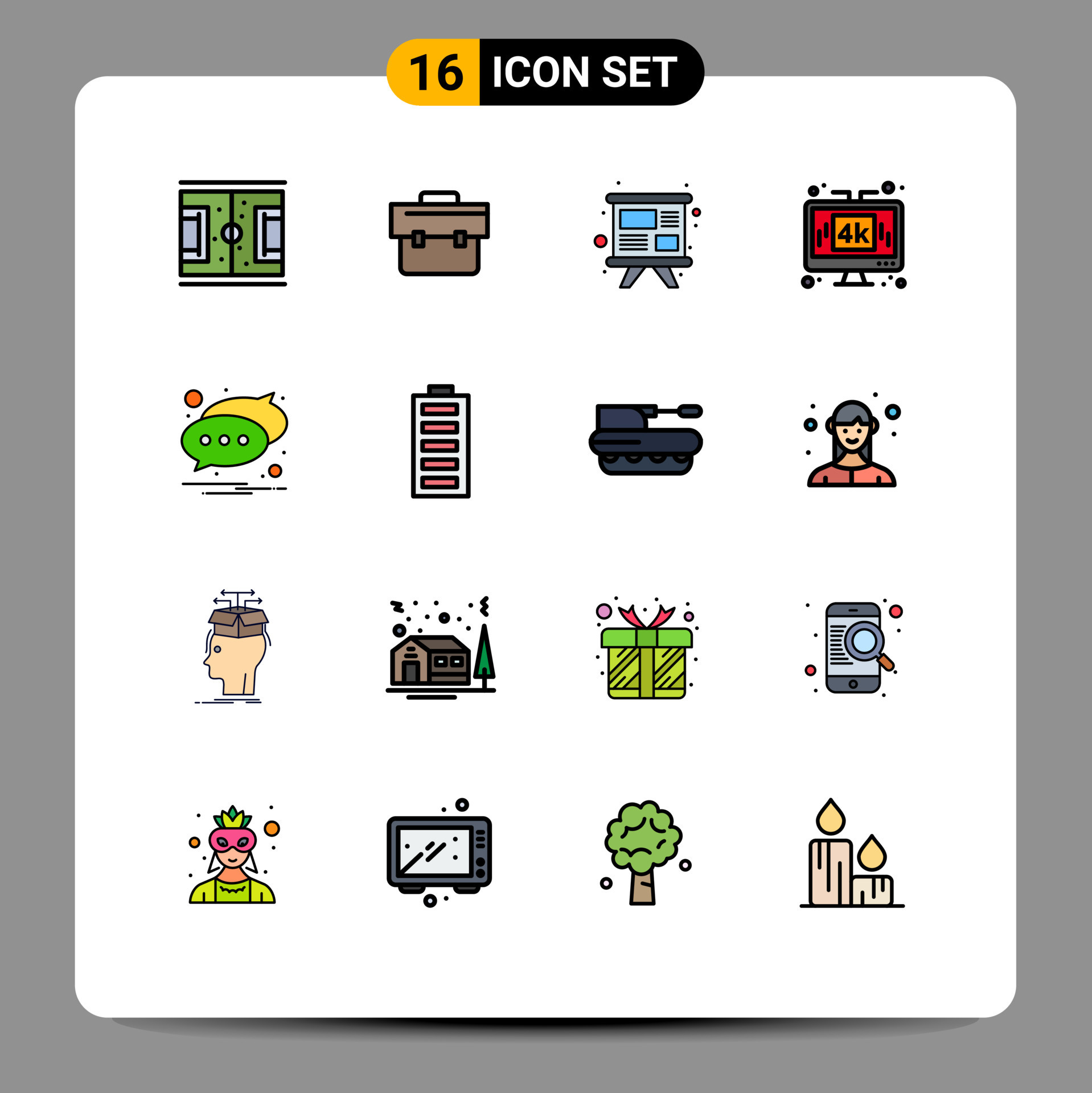 Pictogram Set Of 16 Simple Flat Color Filled Lines Of Lcd Media Portfolio Display Training