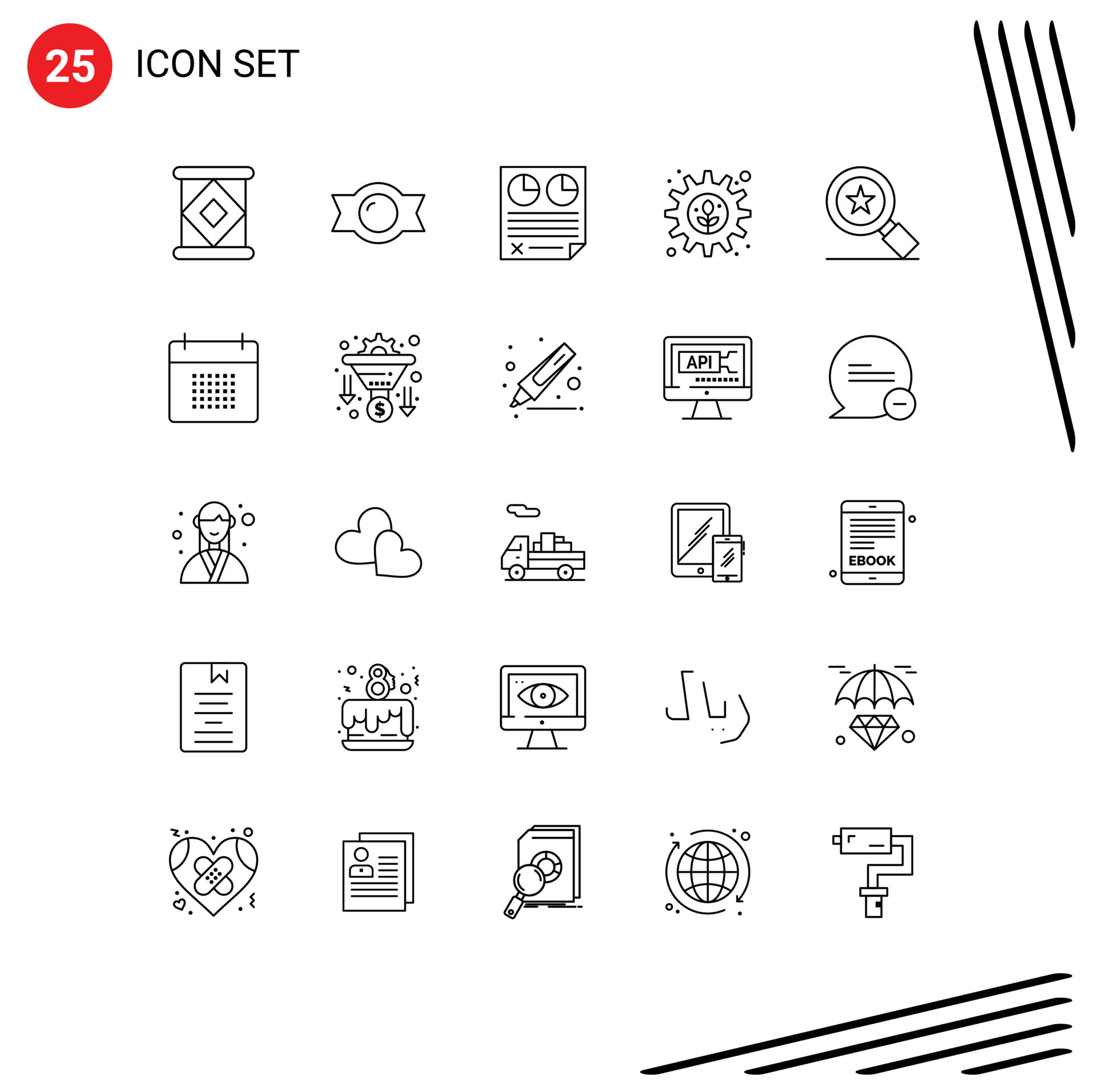 25 Universal Lines Set for Web and Mobile Applications badge achievements page setting gear ...