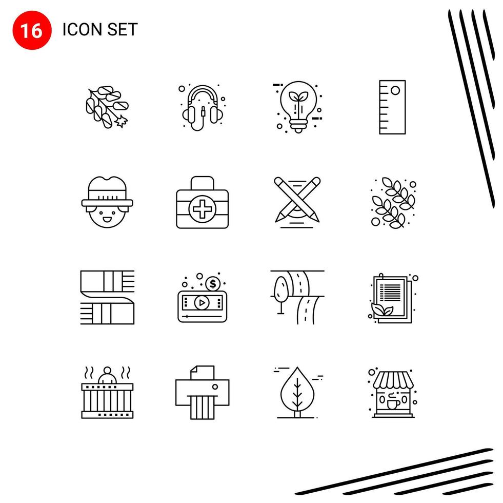 Pack Of 16 Creative Outlines Of Man Farmer Bulb Tool Light Editable Vector Design Elements