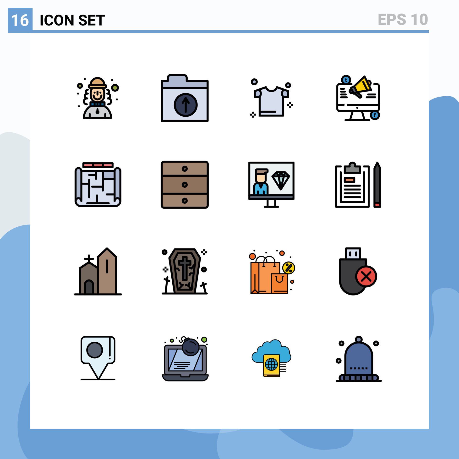 User Interface Pack Of 16 Basic Flat Color Filled Lines Of Building Architecture Drying