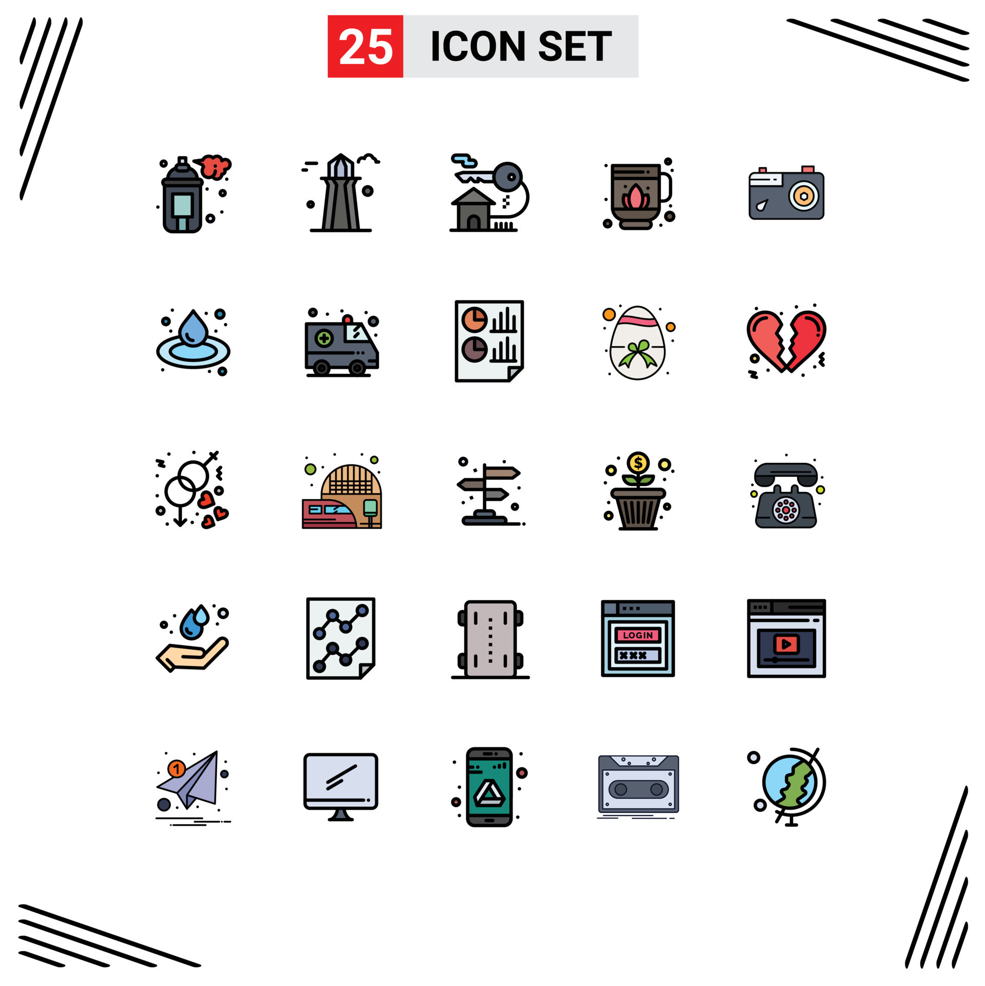 25 Thematic Vector Filled Line Flat Colors And Editable Symbols Of Picture Camera Home Lotus Jag