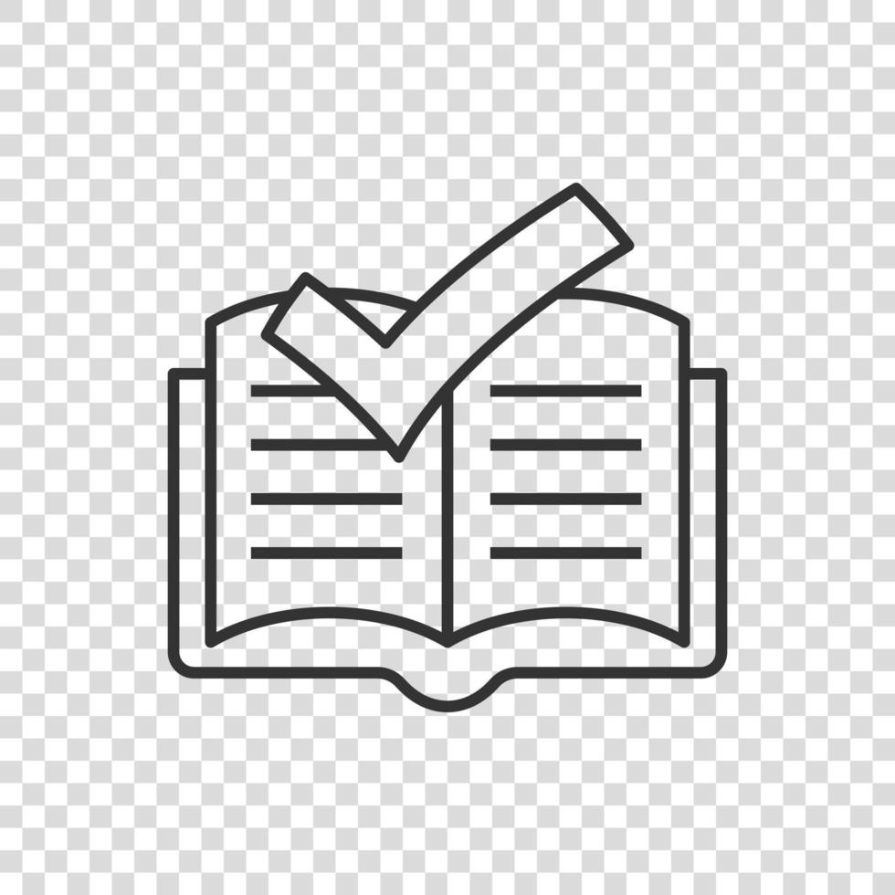 Book check mark icon in flat style. Bookmark approval vector illustration on white isolated ...