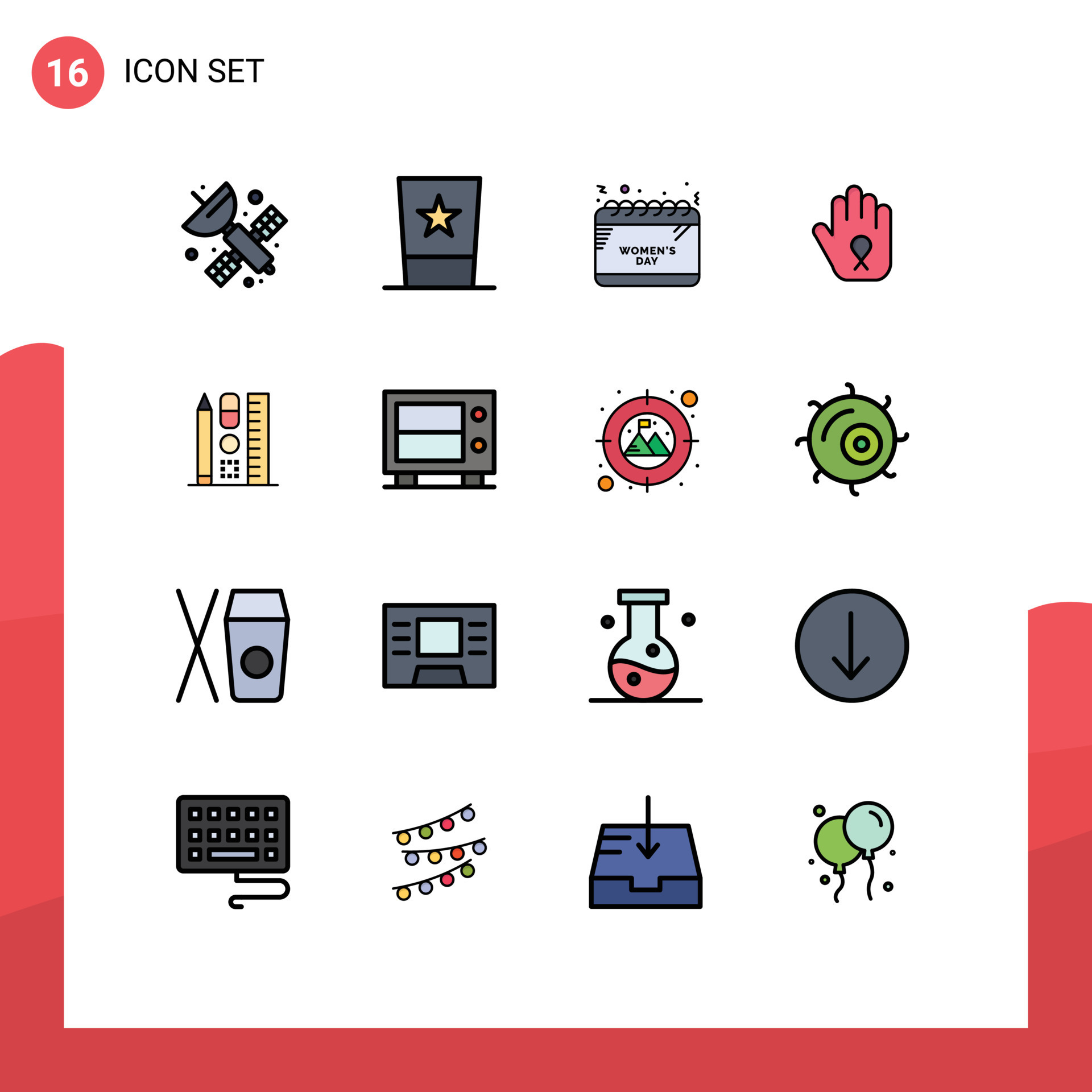 Set of 16 Modern UI Icons Symbols Signs for pen ribbon top hat hand celebrate Editable Creative ...