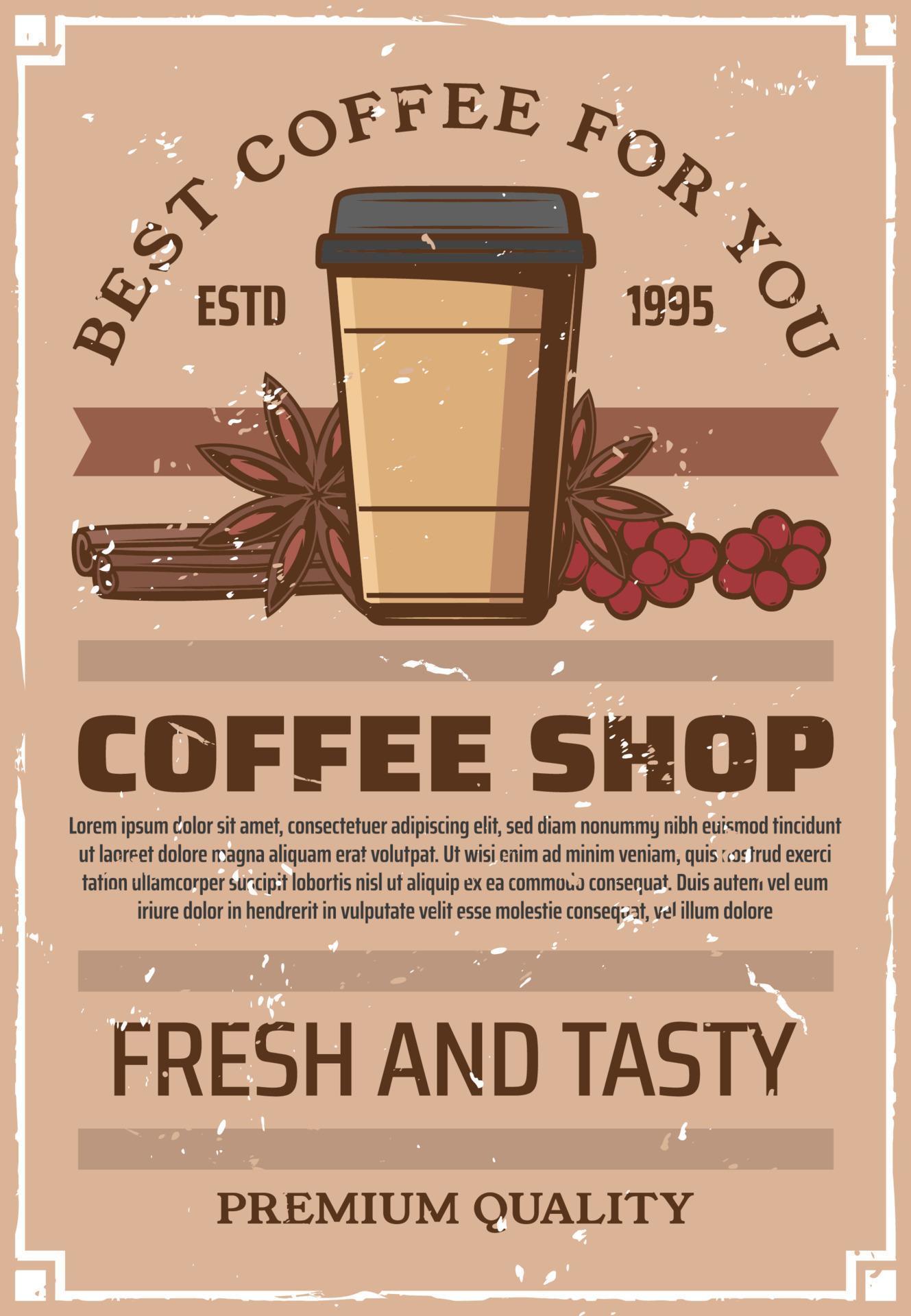 Coffee shop retro poster, paper cup and spices 16164578 Vector Art at ...