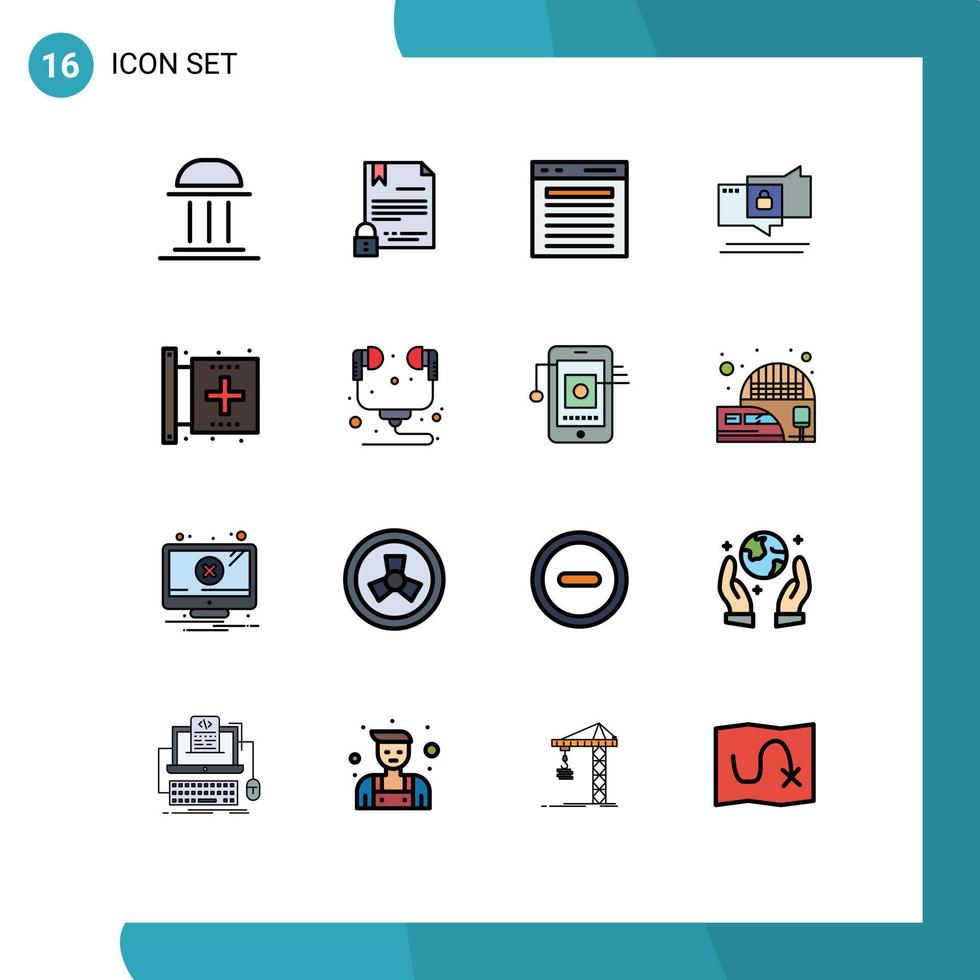 16 Universal Flat Color Filled Lines Set For Web And Mobile Applications Security Chat Document