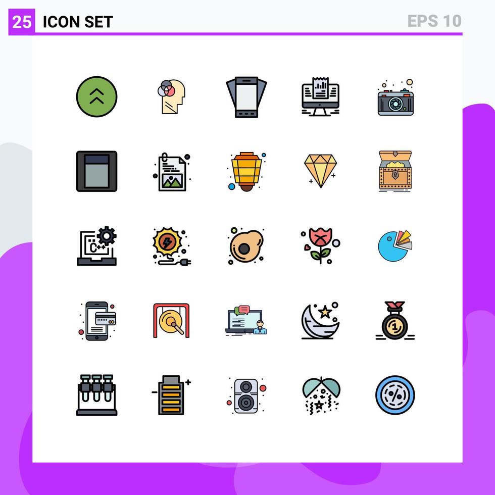 Editable Vector Line Pack Of 25 Simple Filled Line Flat Colors Of Data Laptop Device