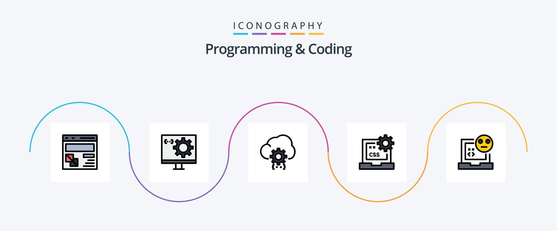 Programming And Coding Line Filled Flat 5 Icon Pack Including Css Code Development Process