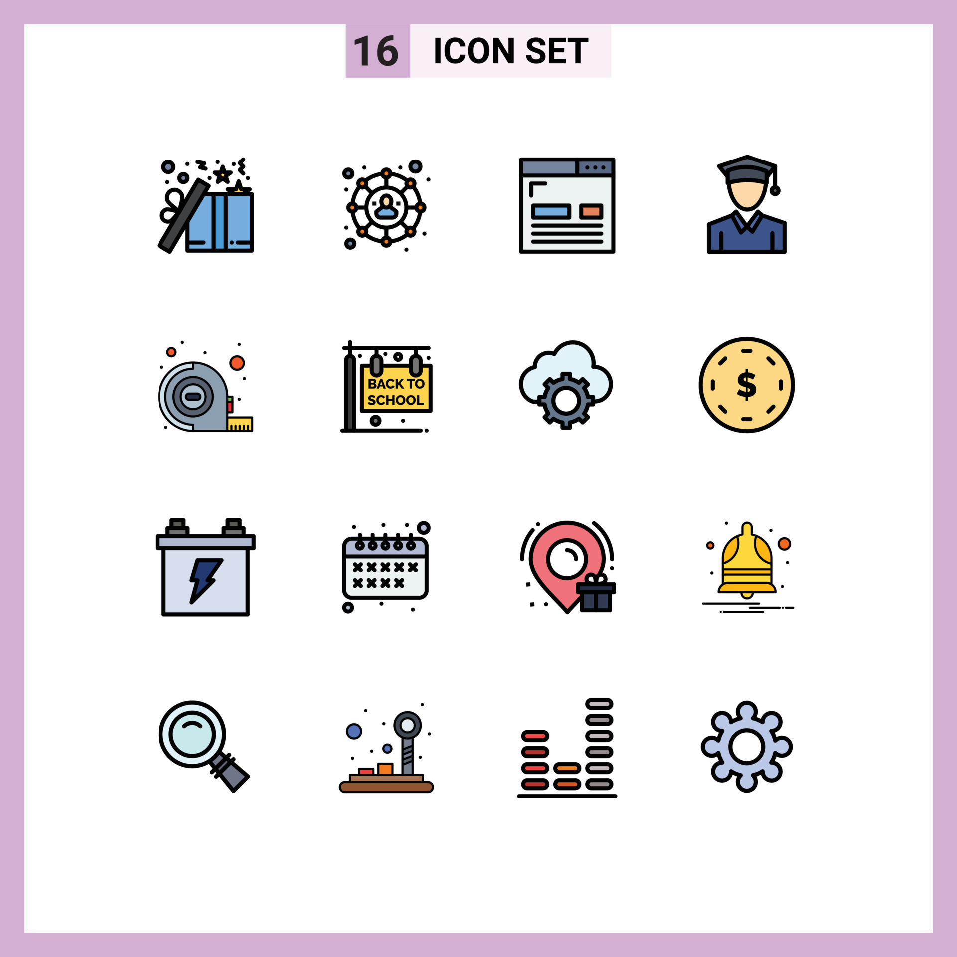 Mobile Interface Flat Color Filled Line Set Of 16 Pictograms Of Tape Graduation Coding Education