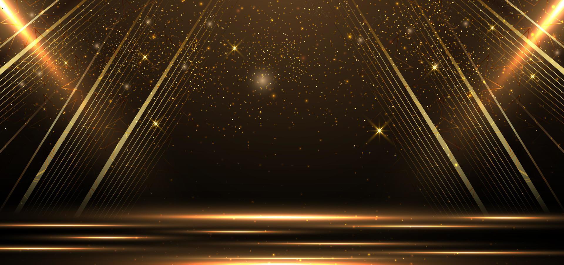 Elegant golden scene diagonal glowing with lighting effect sparkle on black background. Template ...