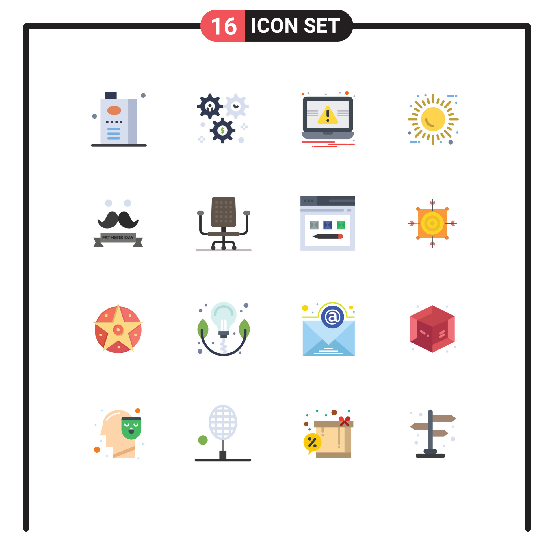 Set Of 16 Vector Flat Colors On Grid For Ecology Energy Configuration Sun Notification Editable