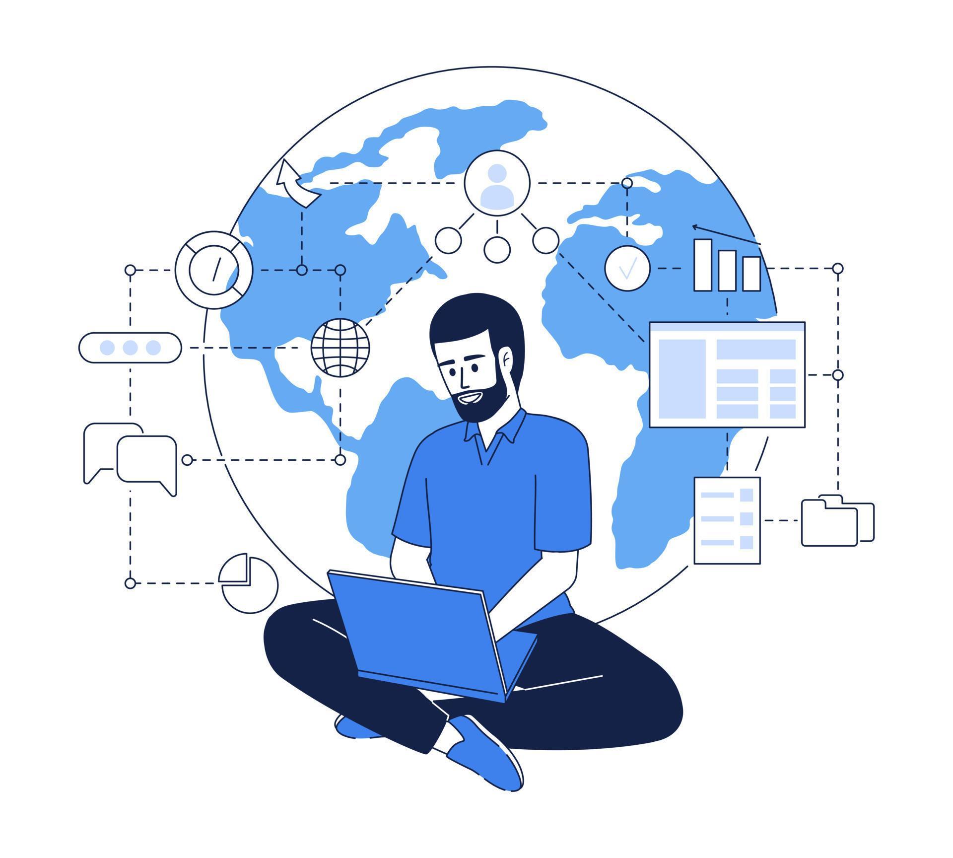 Man Using Global Communication Flat Concept Vector Illustration Editable 2d Cartoon Character