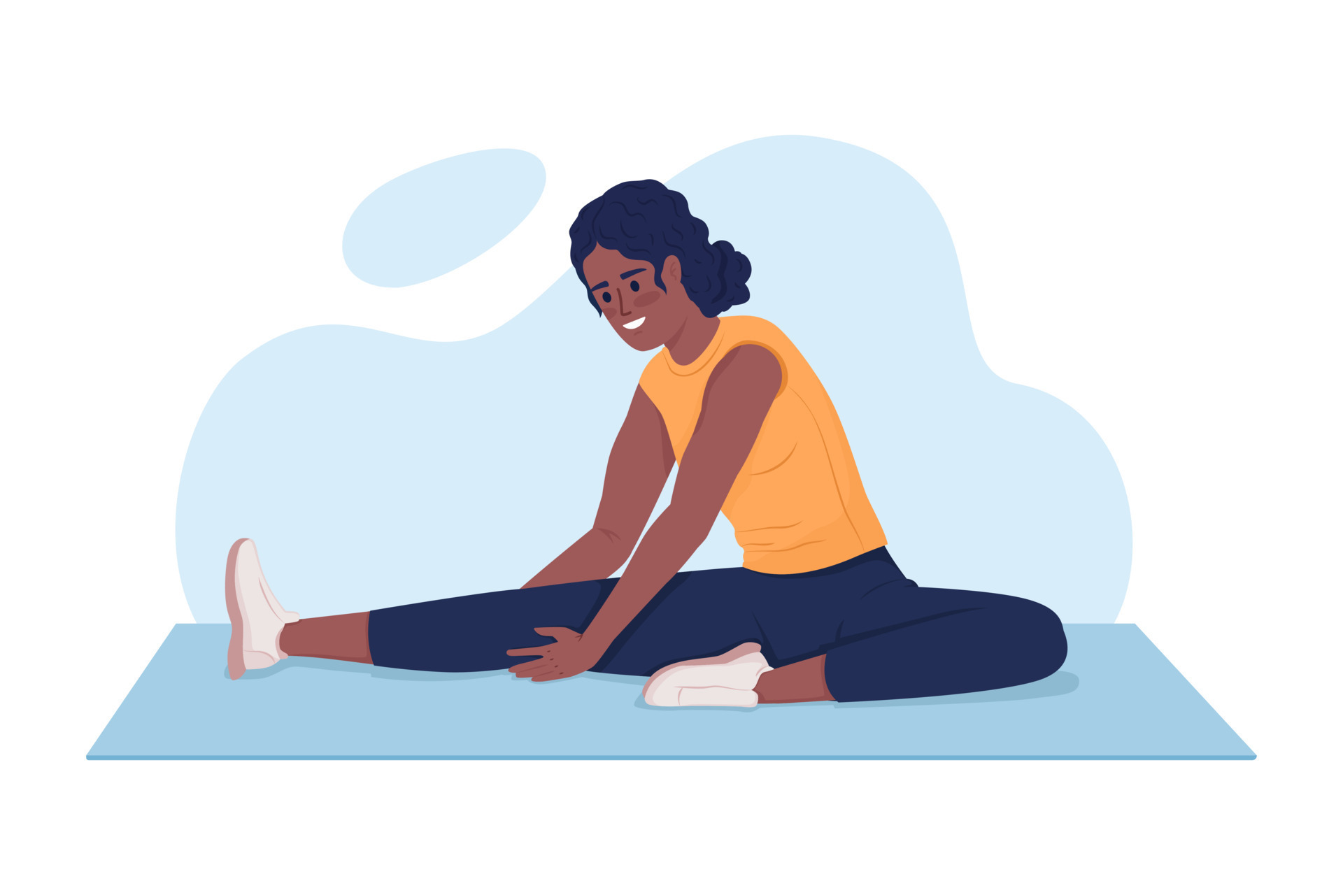 Woman stretching workout 2D vector isolated illustration. Flexibility exercises. Fitness flat ...