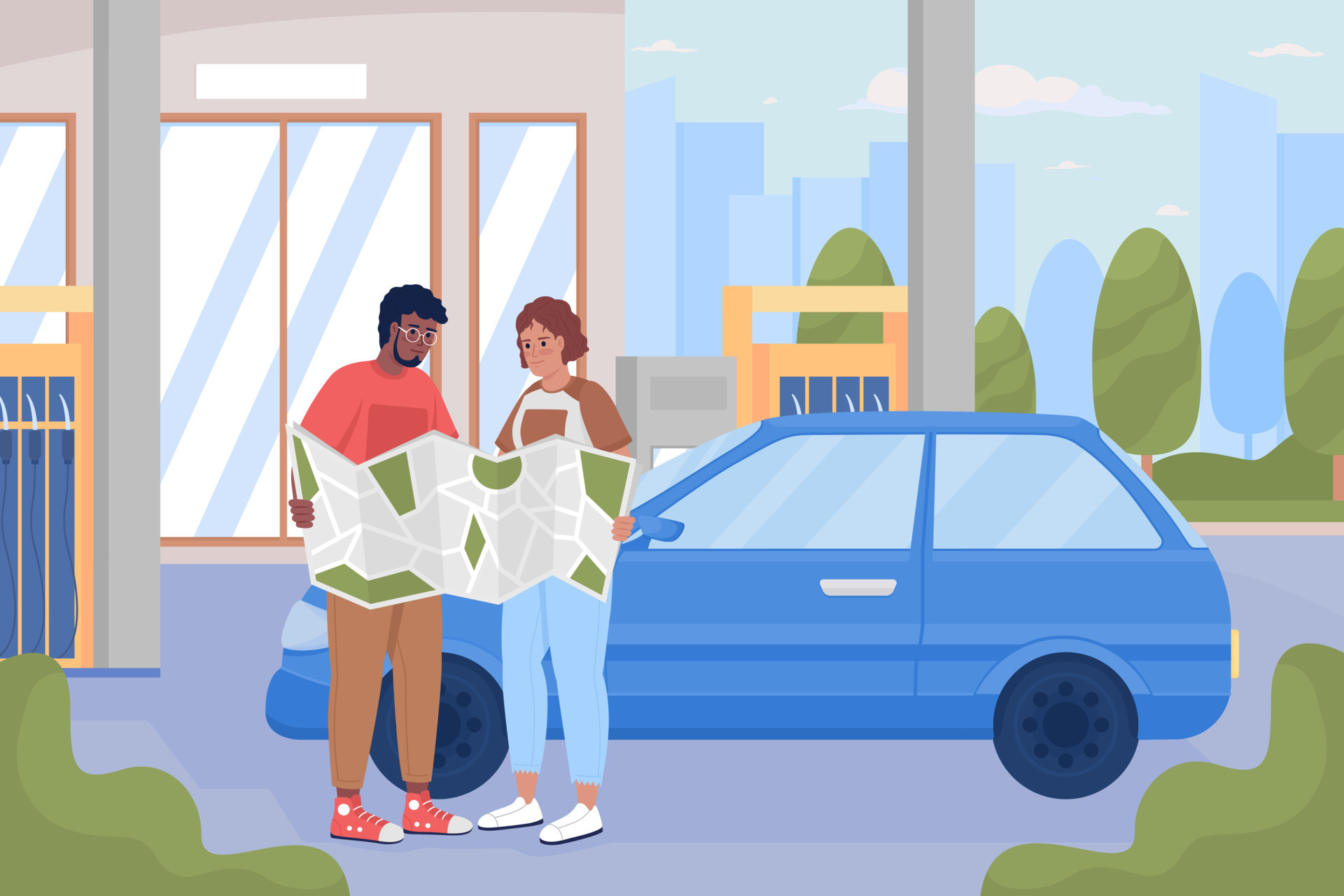 Couple Road Trip By Car Flat Color Vector Illustration Long Distance Journey Stop At Gas