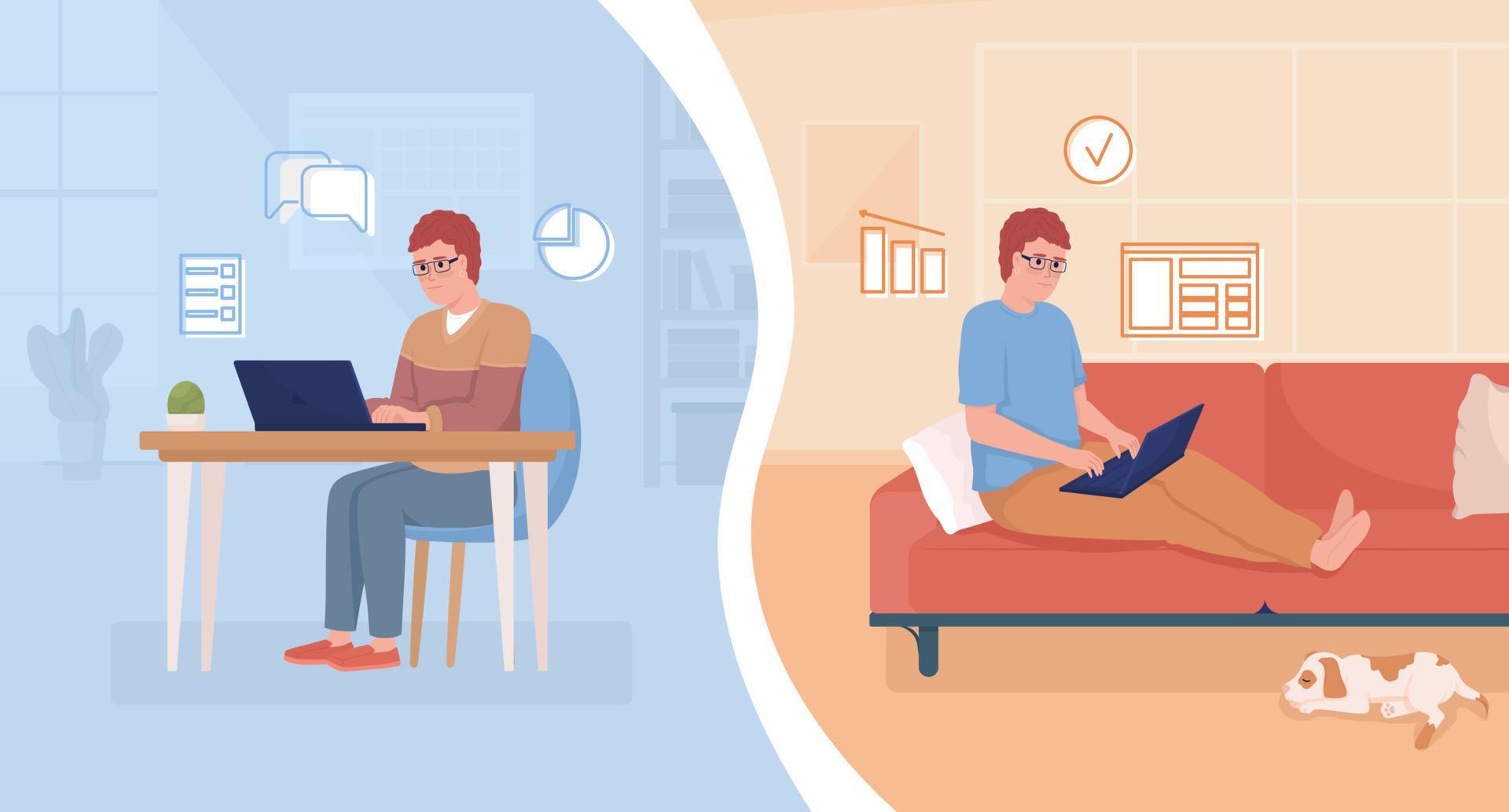 Remote versus office work flat concept vector illustration. Choosing ...