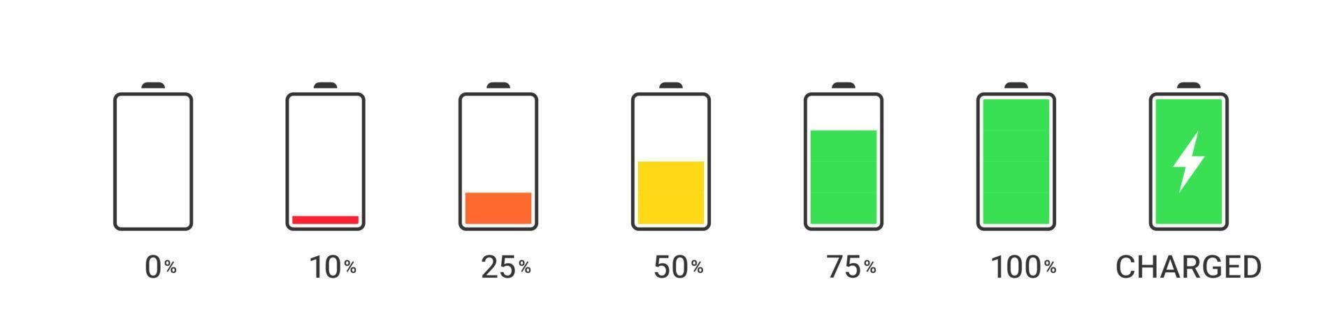 Battery icons. Battery charging icons. Battery charge levels with percentages. Vector ...