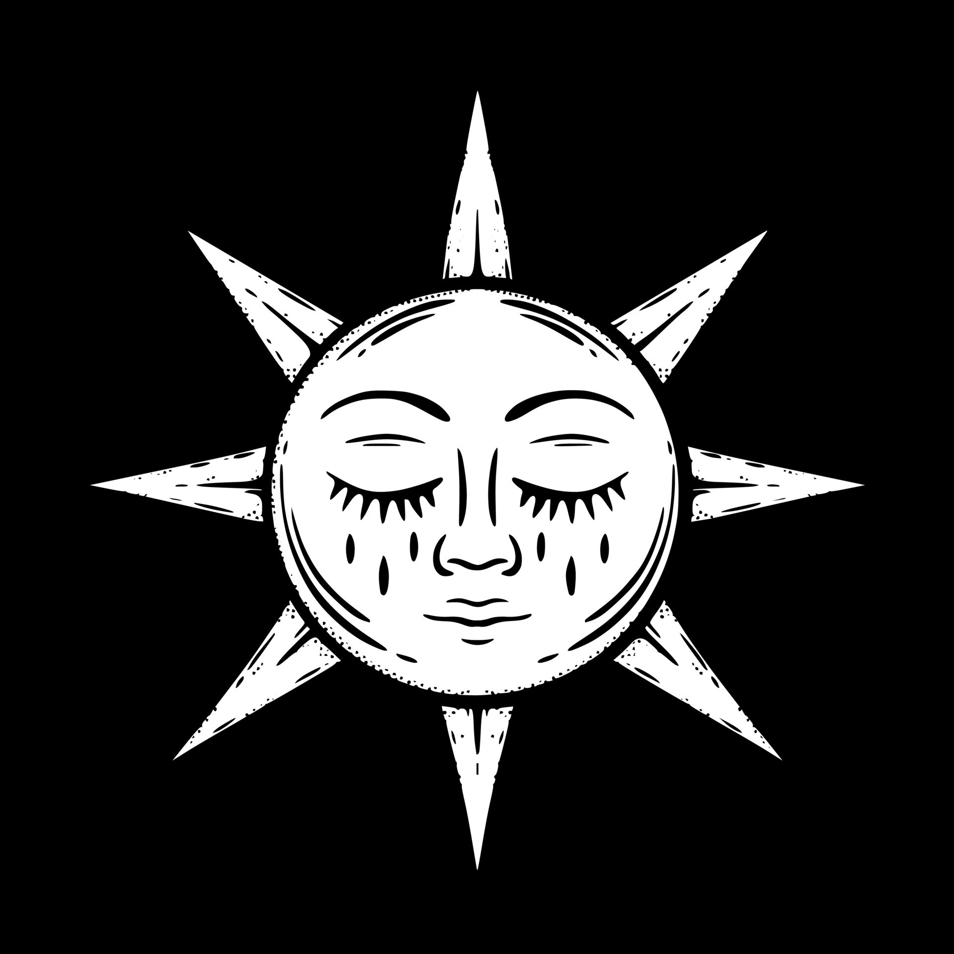 Sun Face Vintage Art Illustration Hand Drawn Black And White Vector For