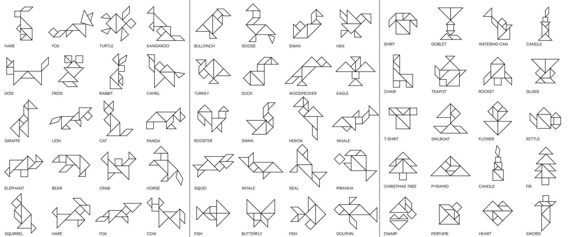 Tangram puzzle game. isolated Tangram line icons with animals, birds ...