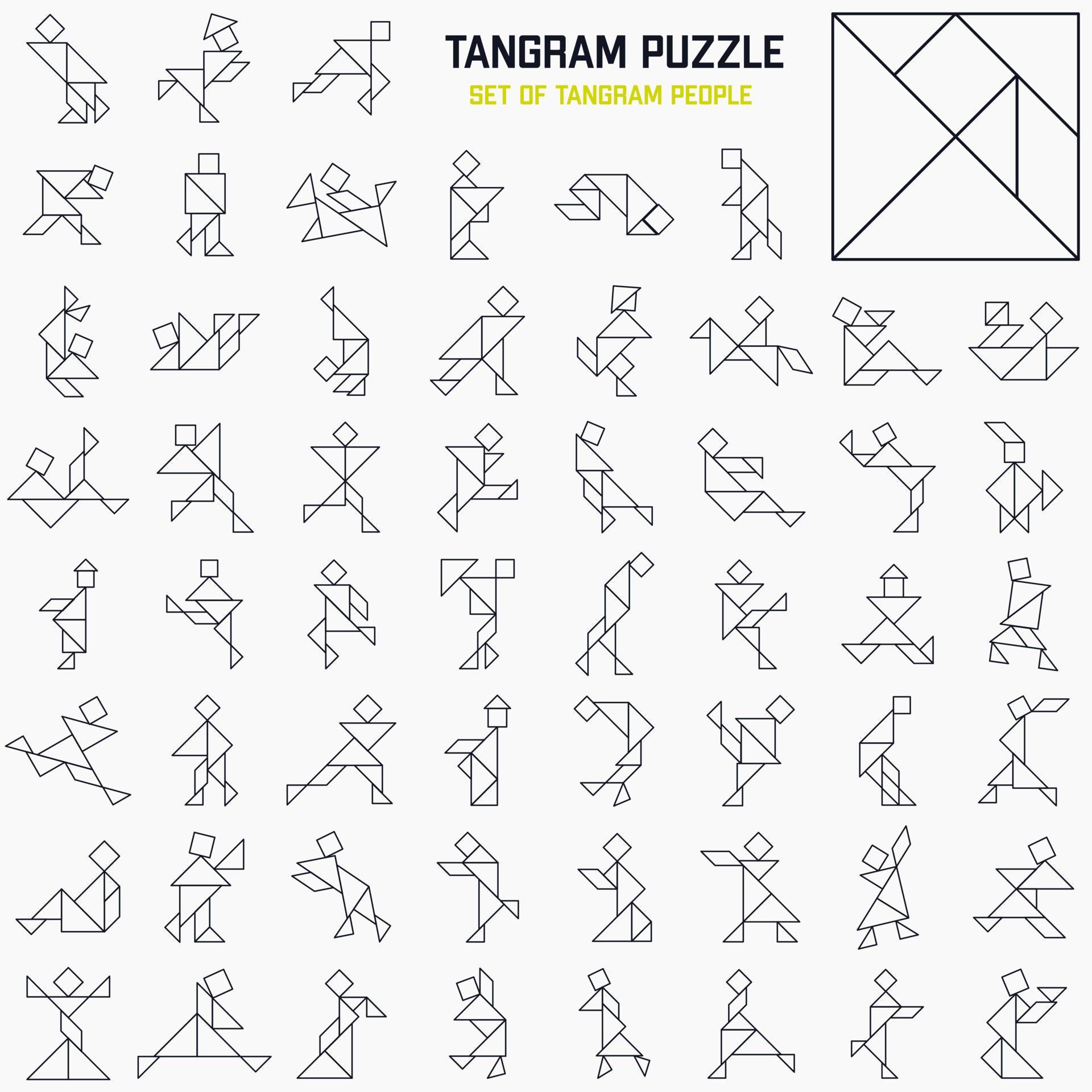 Tangram puzzle game. Tangram line with people in various poses. Isolated icons on a white ...