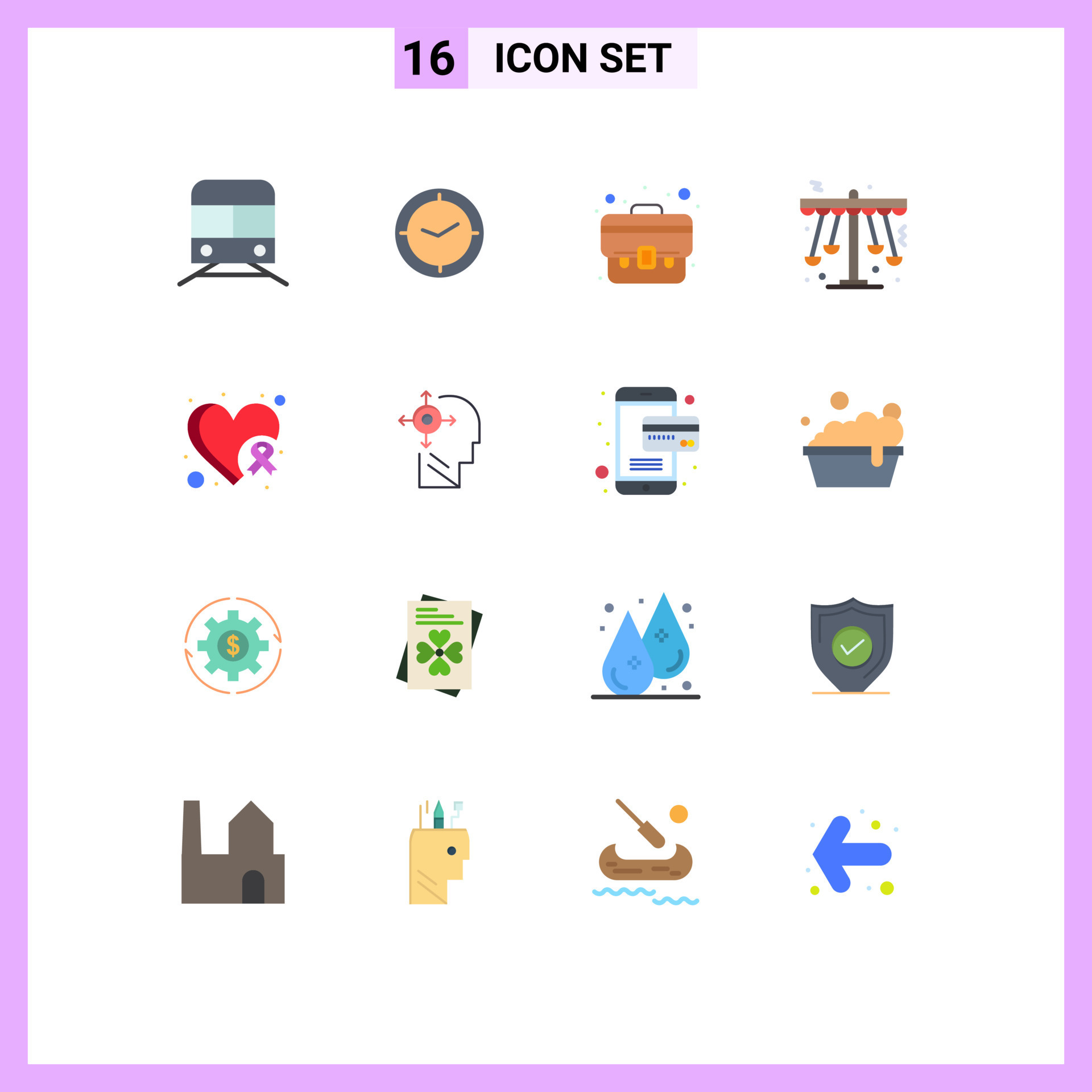 16 User Interface Flat Color Pack Of Modern Signs And Symbols Of Entertainment Play Clock Swing