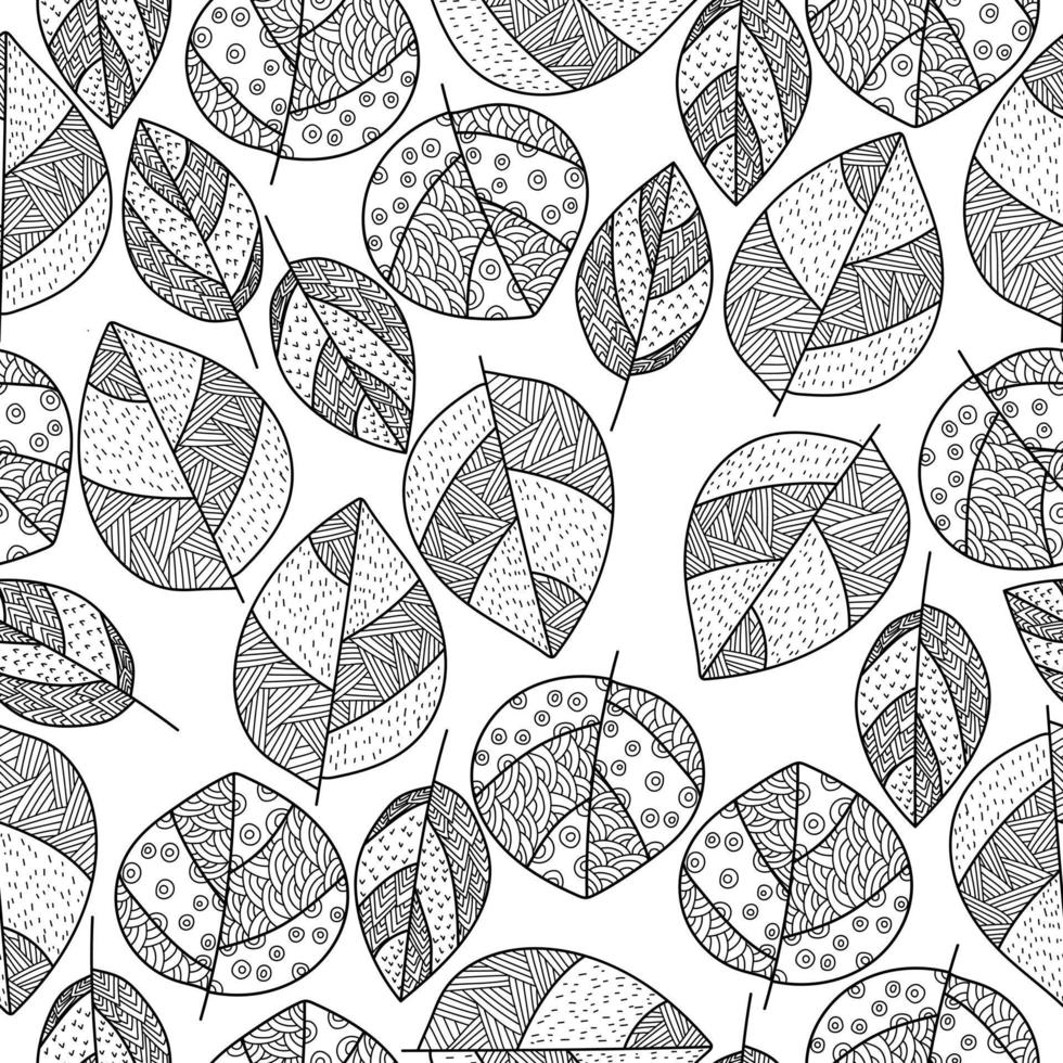 Doodle Leaf Seamless Pattern With Ornate Curls And Lines Contour
