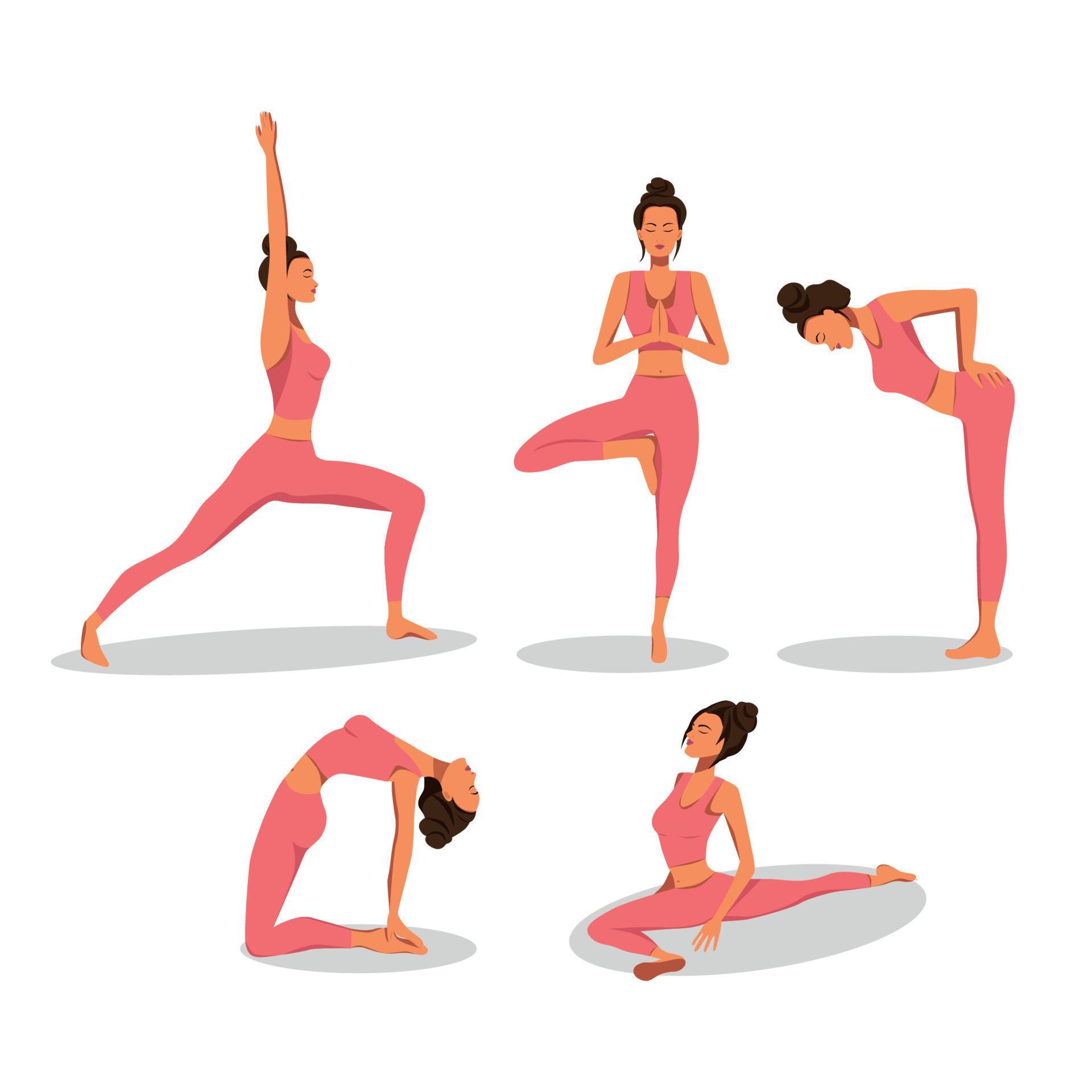 Vector graphics set of poses of yoga girl in asana camel tree voyin pigeon in pink suit 16225858 ...