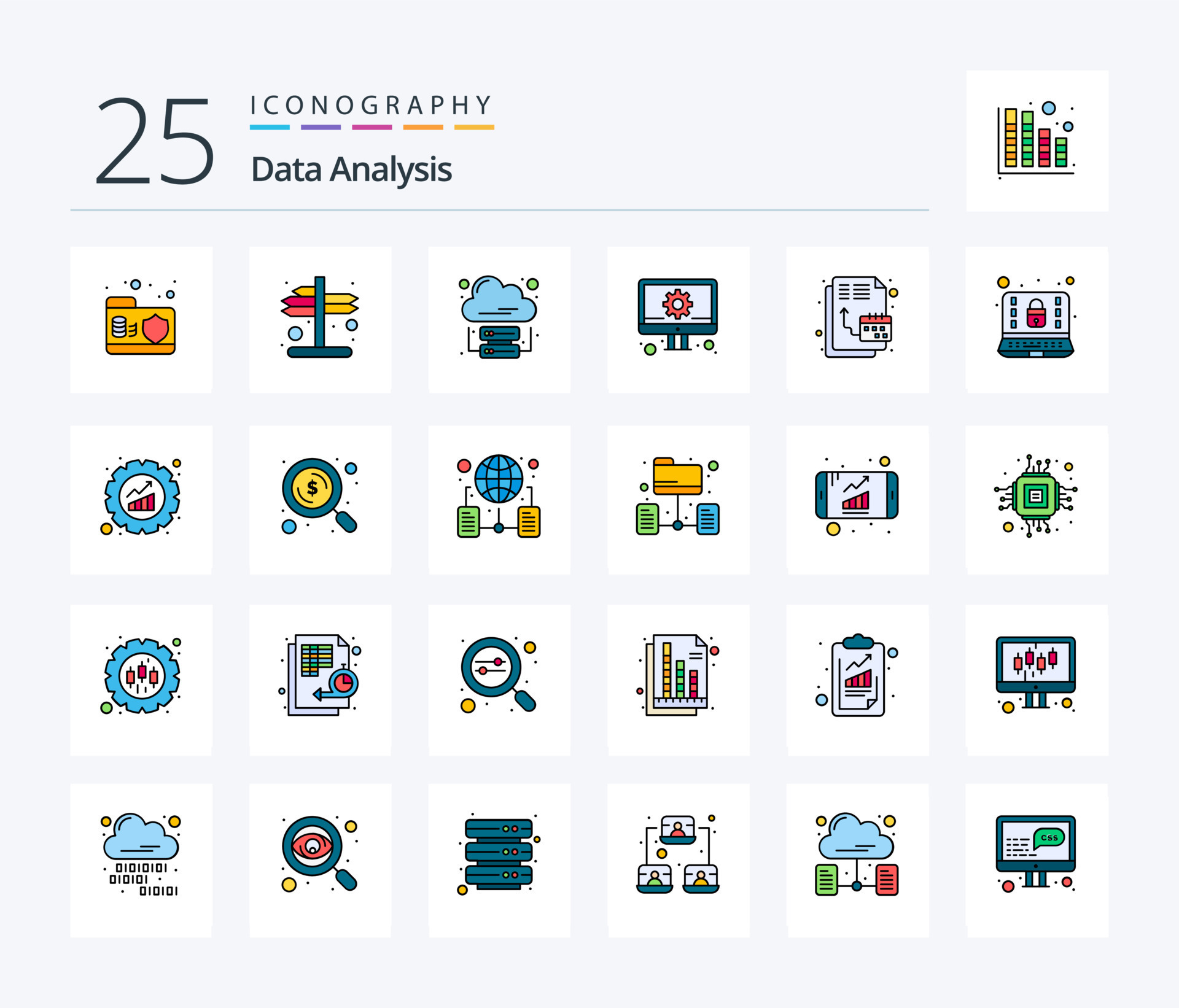 Data Analysis 25 Line Filled icon pack including database. management ...