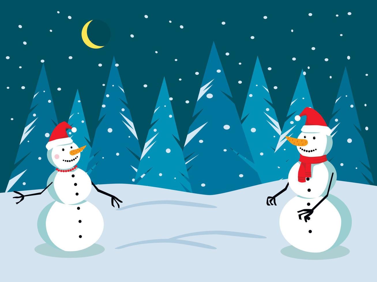 Vector illustration of a winter night forest with two snowmen ...